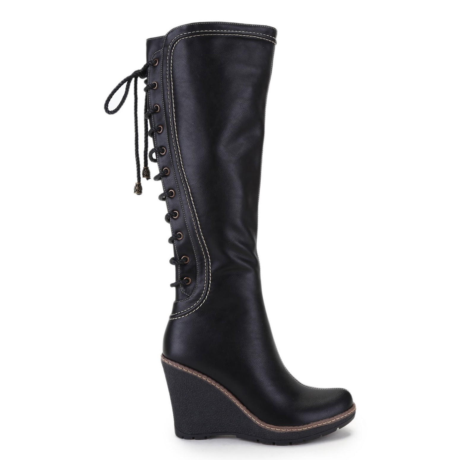 Ferwind Women's Knee-High Boots Wedge Heels Lace up Adult Black Tall ...