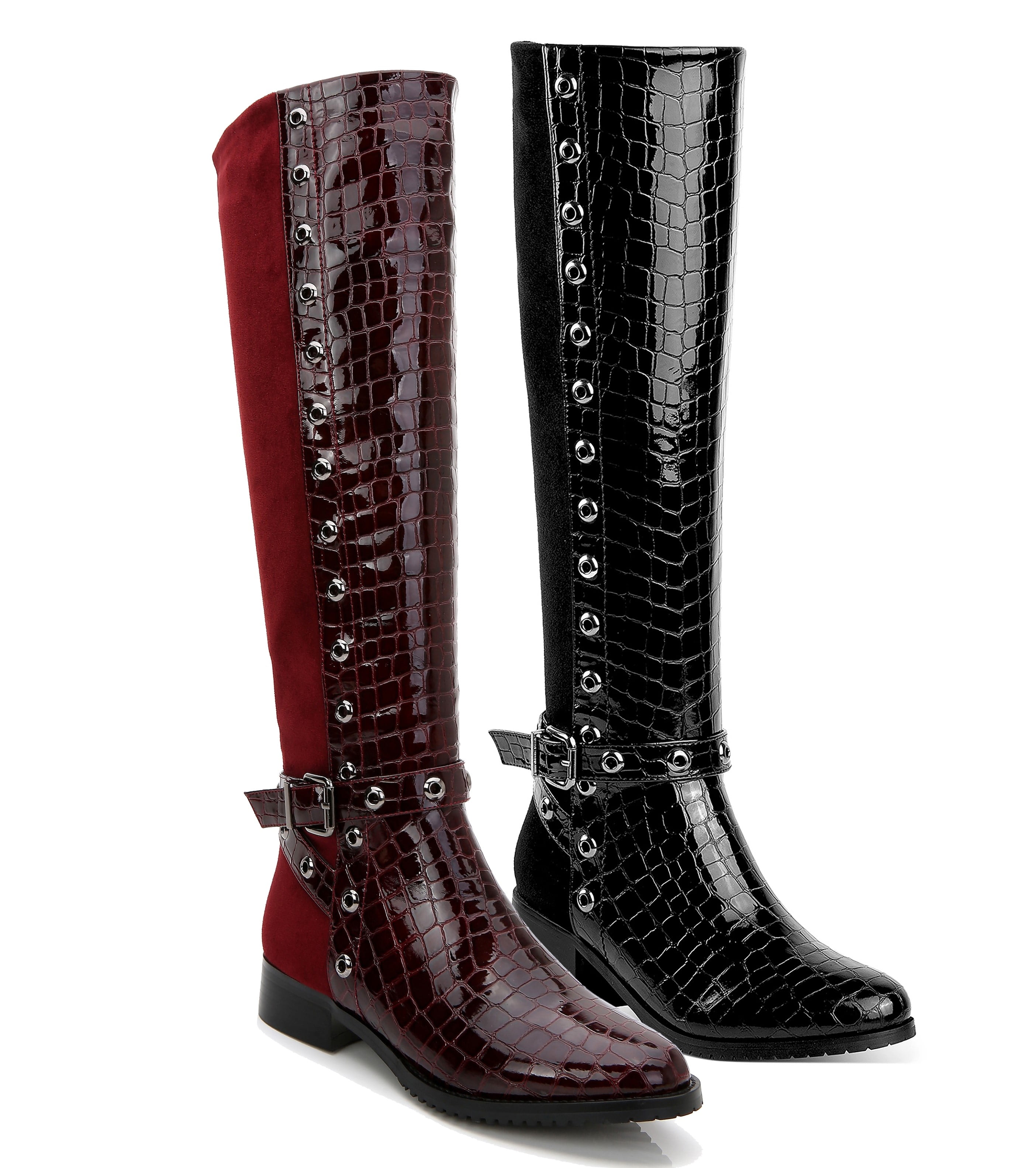 Ferwind Women's Long Boots Two-Tone Contrast Perforated Stud Accents ...