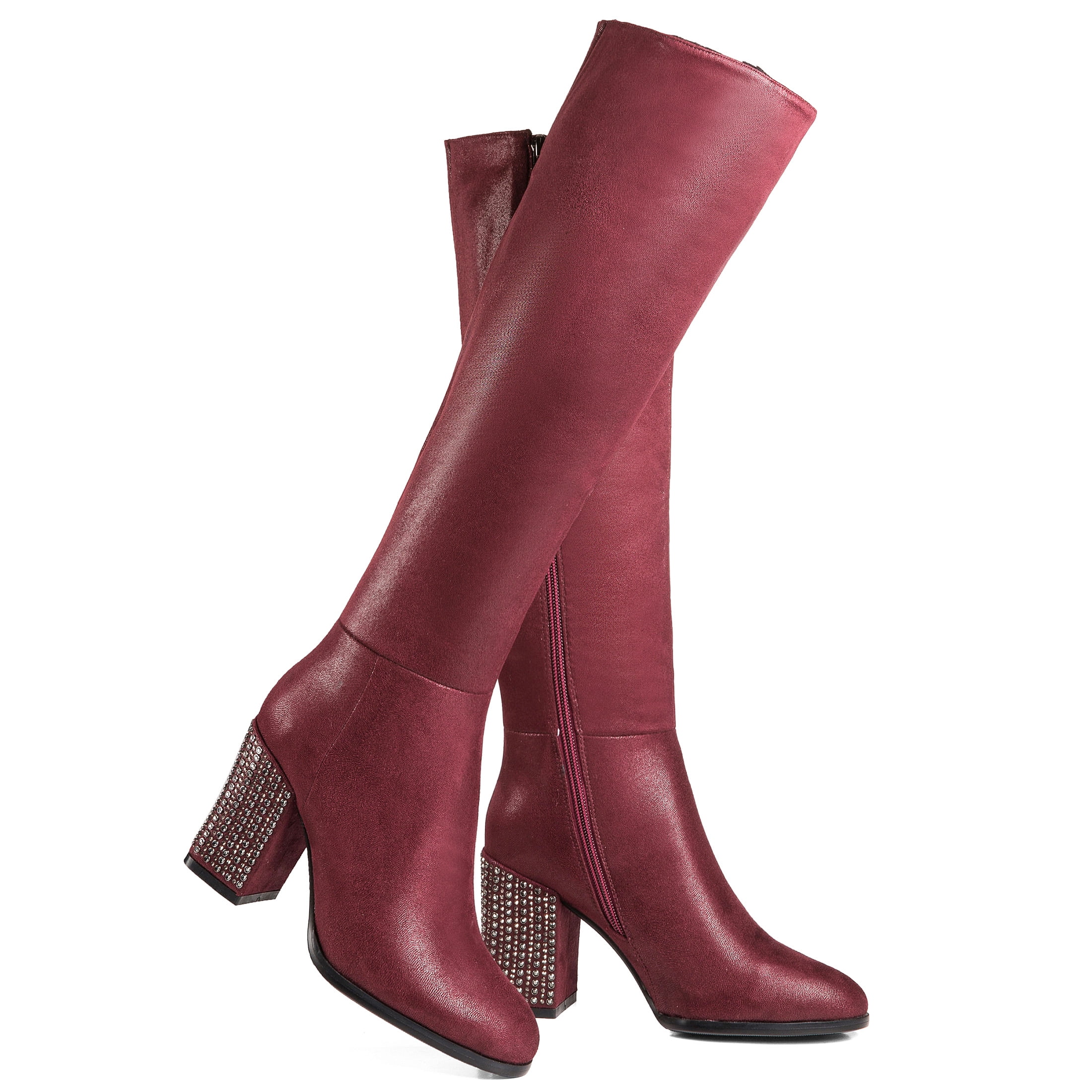 Ferwind Women's Metallic Glitter Boots Slouch Shaft Studded High Heels ...