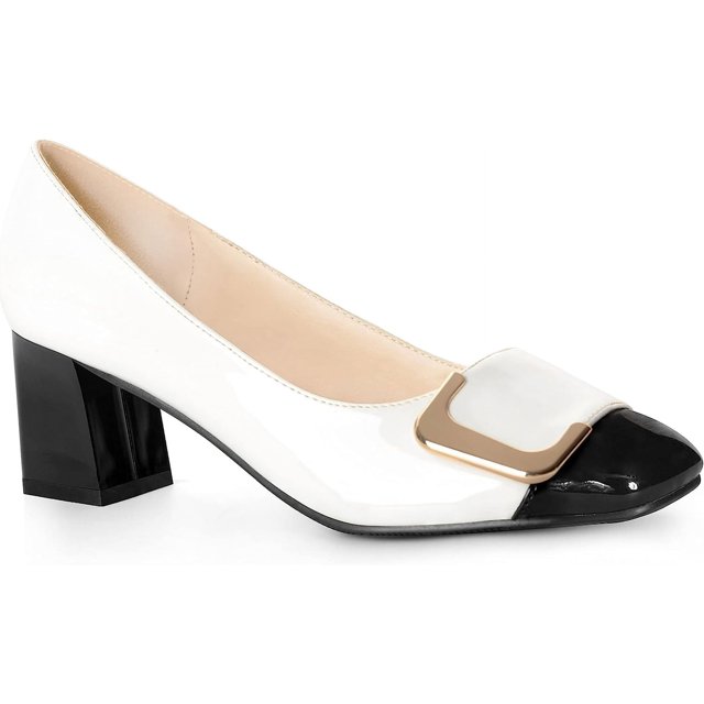 Ferwind Women's Square Toe Pumps Chunky Heel Two Tone Colors Slip on ...