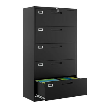 Lateral File Cabinet 4 Drawer, Black Filing Cabinet with Lock, Lockable ...