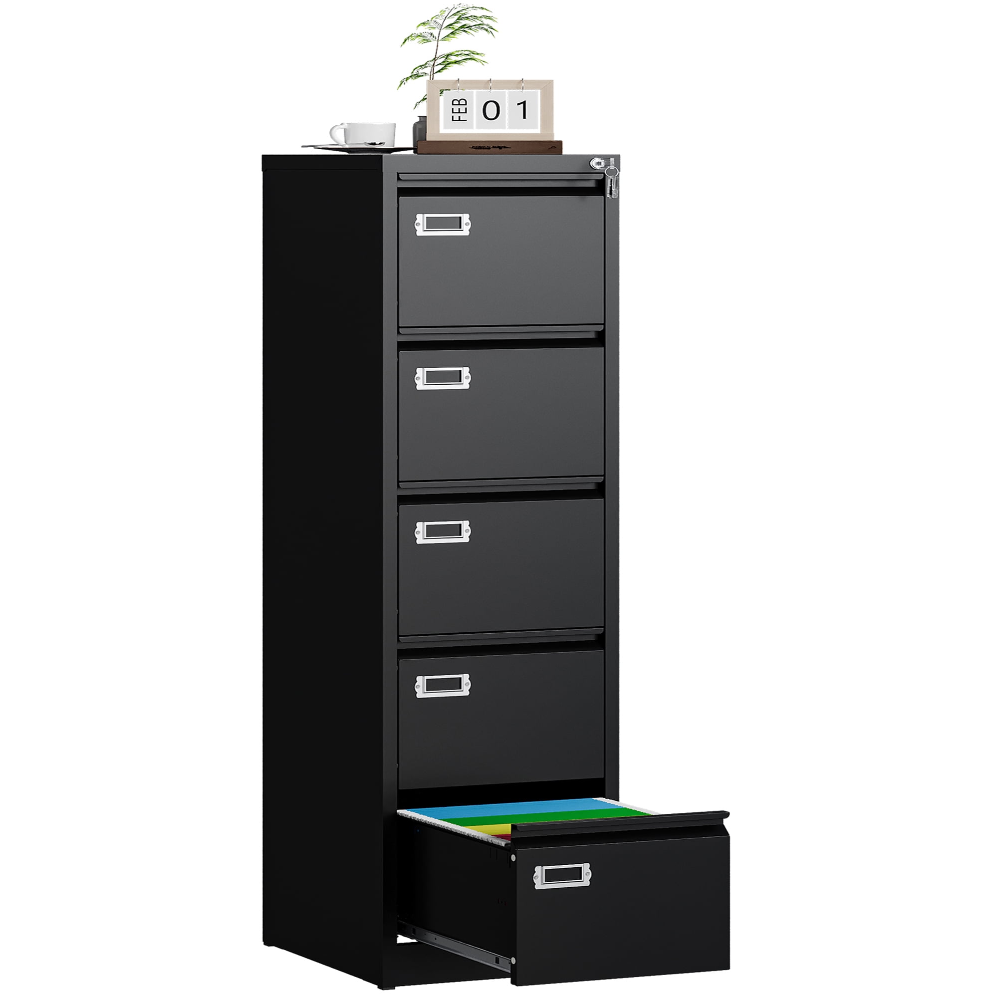 Fesbos 5 Drawer Steel File Cabinet with Lock, Black Filing Cabinets for ...