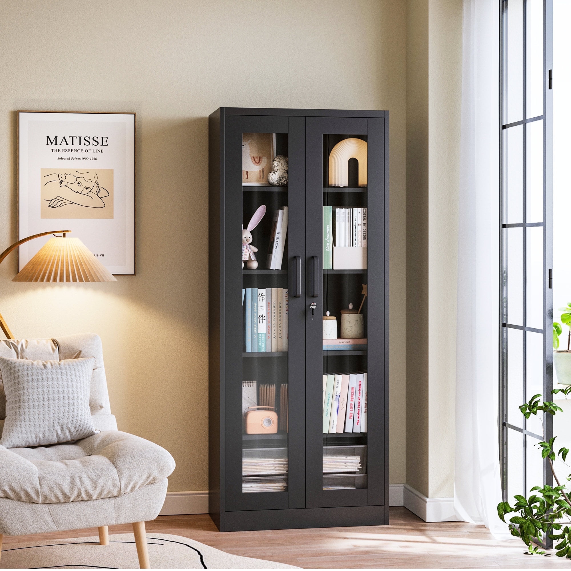 Fesbos 5-Tier Curio Cabinet with Tempered Glass Doors & 4 Adjustable ...
