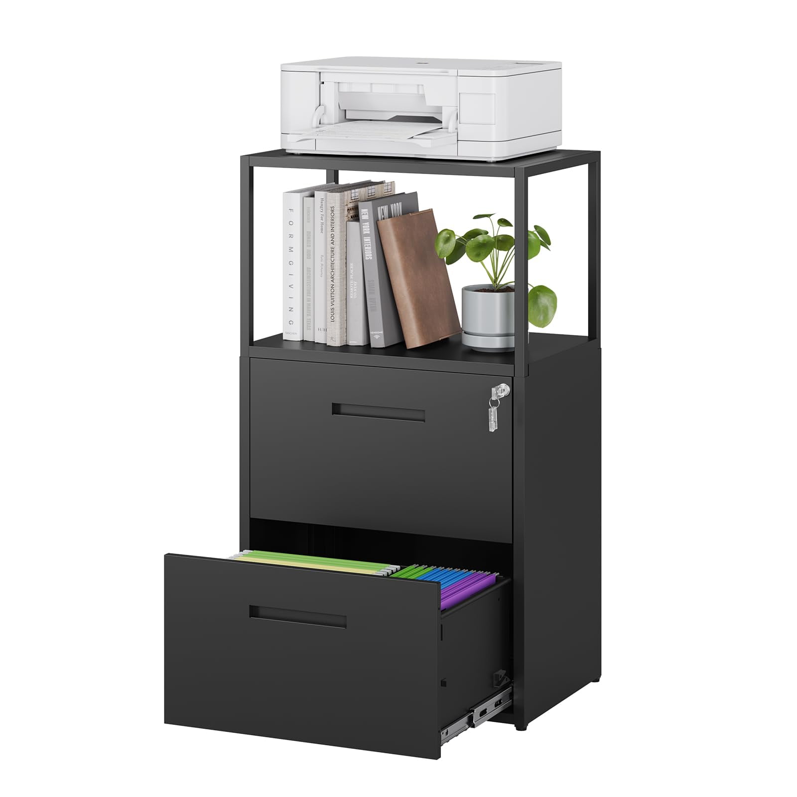 Fesbos Drawer File Cabinet with Lock and Open Shelf, White Metal ...