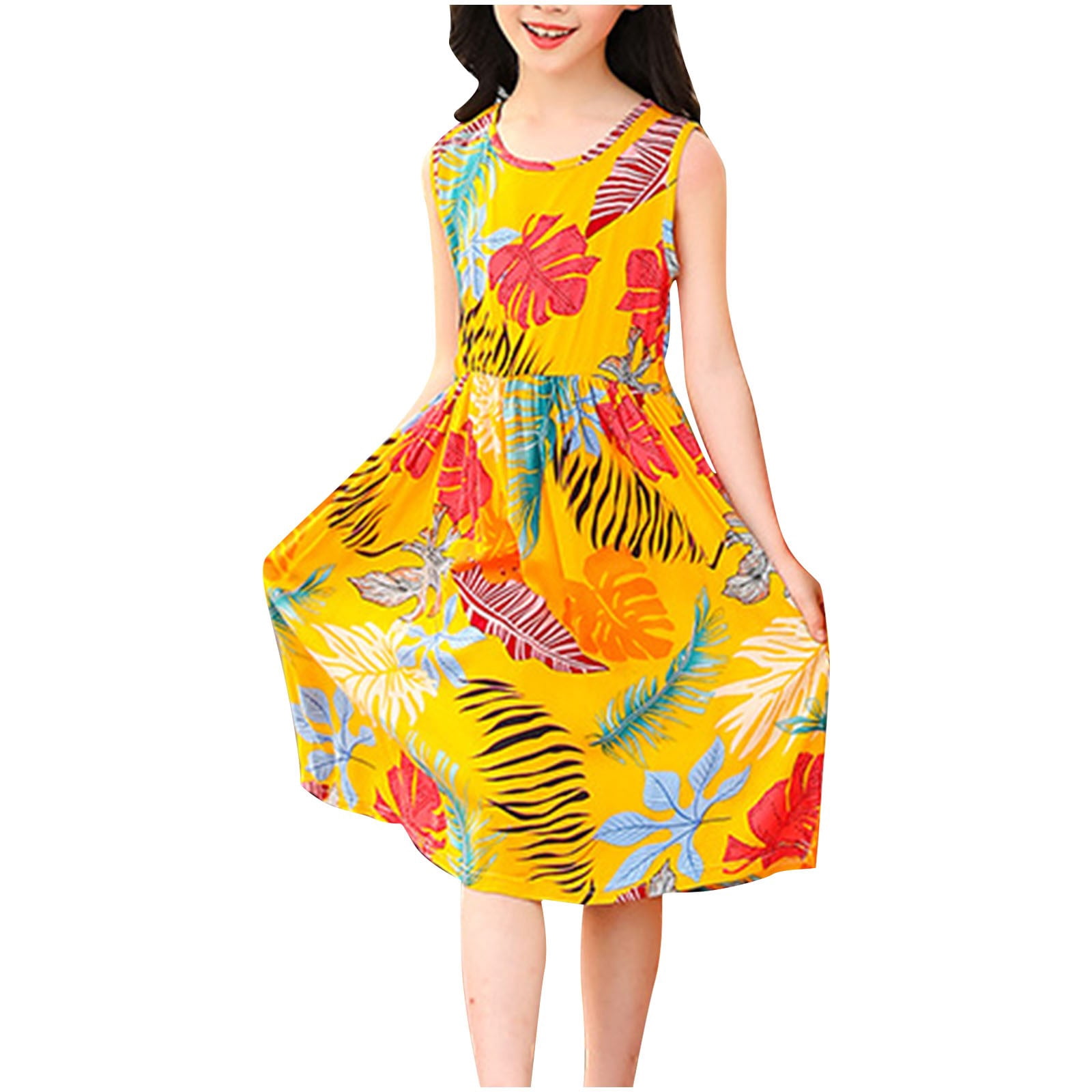 Fesfesfes Children's Long Dress Sleeveless Printed Beach Maxi Dress ...
