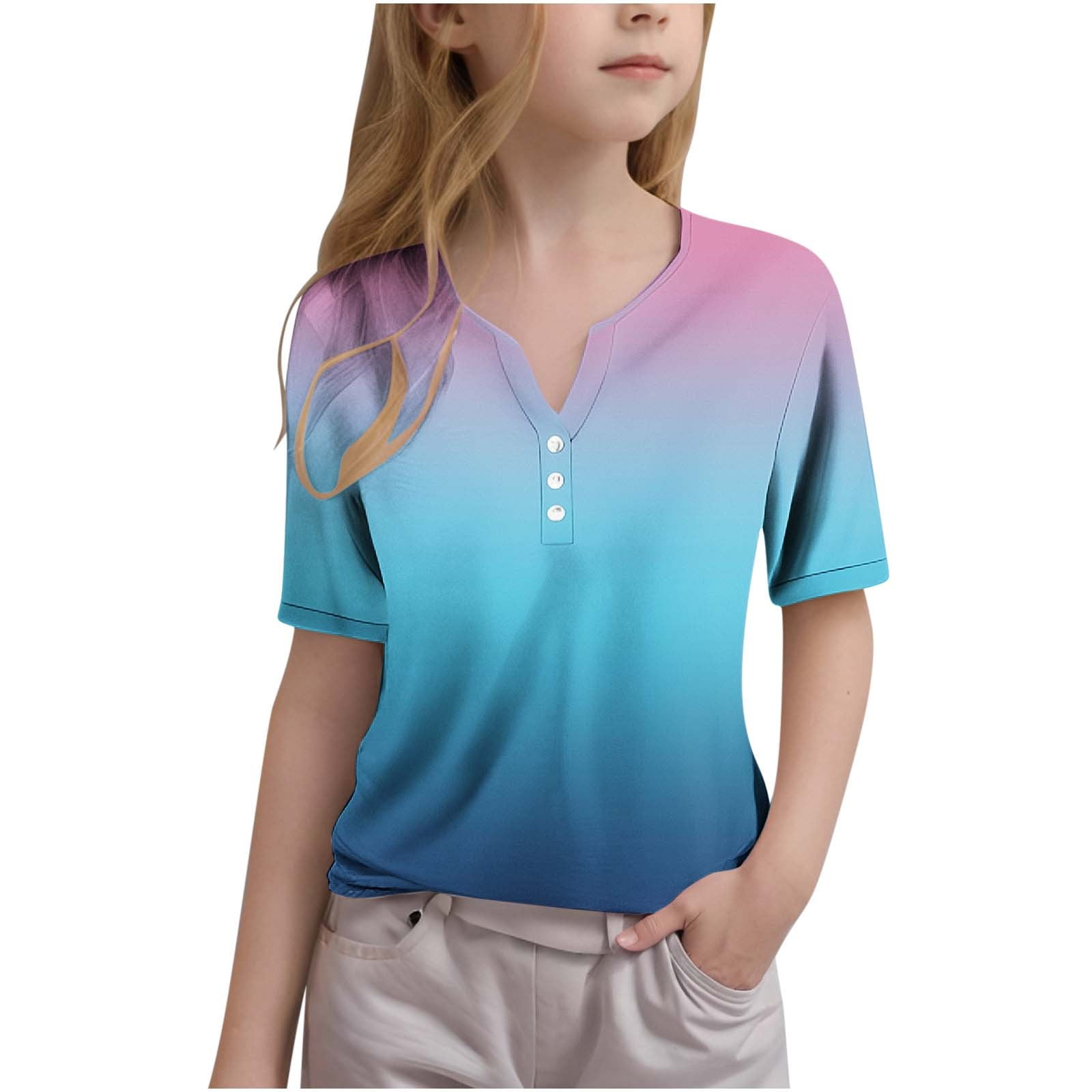 Fesfesfes Girls' Summer Cute T Shirts Casual Short Sleeve V Neck Plain ...