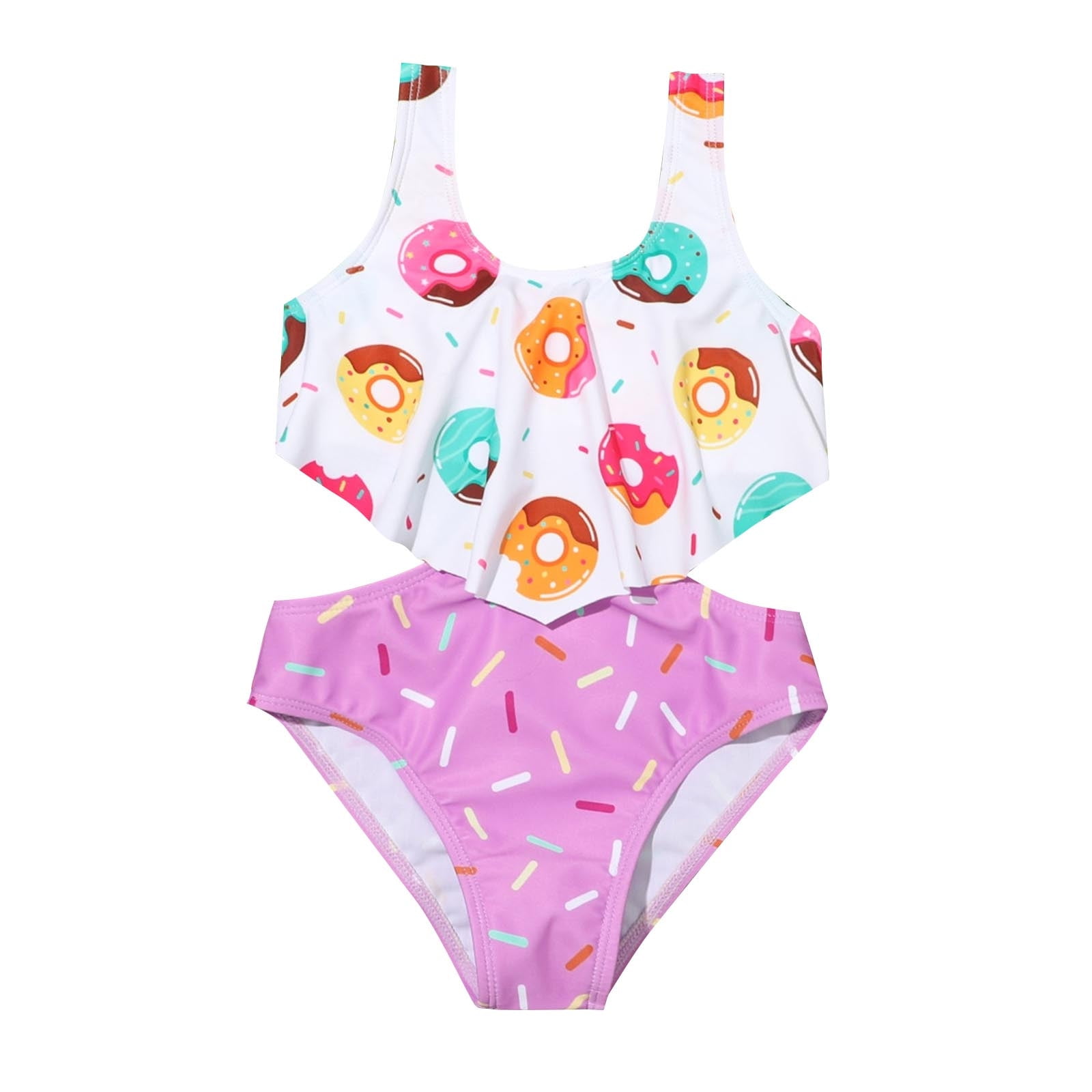 Fesfesfes Girls Swimsuit Cute Donut Print 1 Piece Bathing Suits Ruffle ...