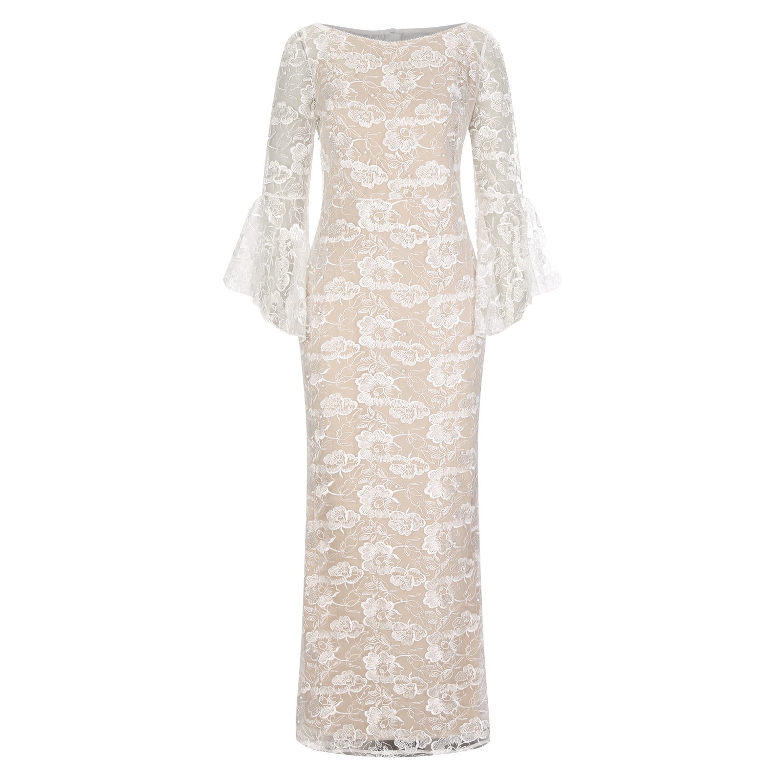 Fesfesfes Women Mesh Lace Dress Flared Sleeve Beading Dress Pearl ...