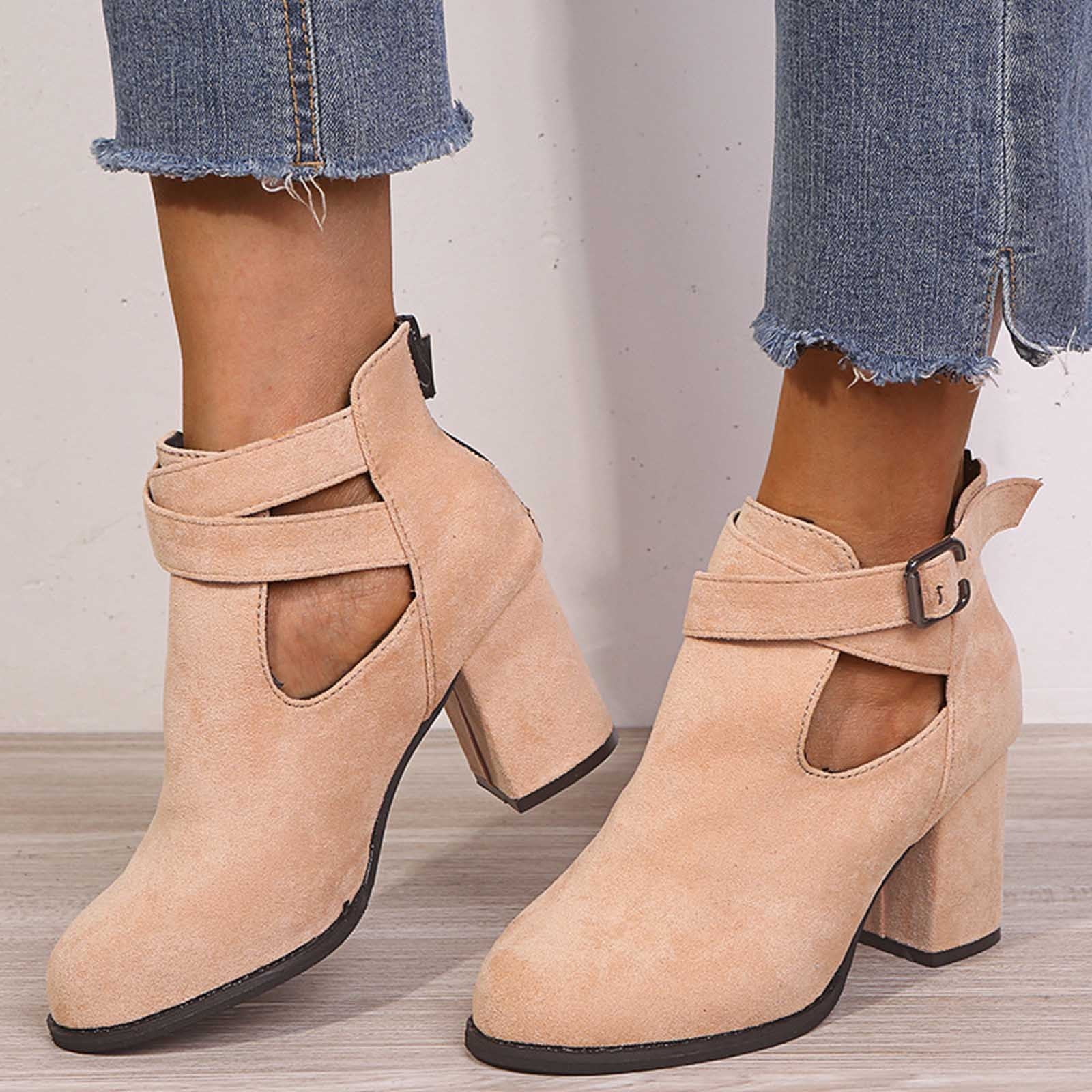 Fesfesfes Cowgirl Boots For Women Retro Casual Suede Low-top Mid-heel ...