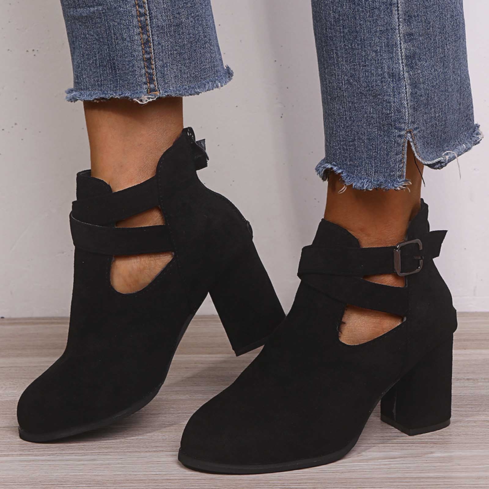 Fesfesfes Cowgirl Boots For Women Retro Casual Suede Low-top Mid-heel ...