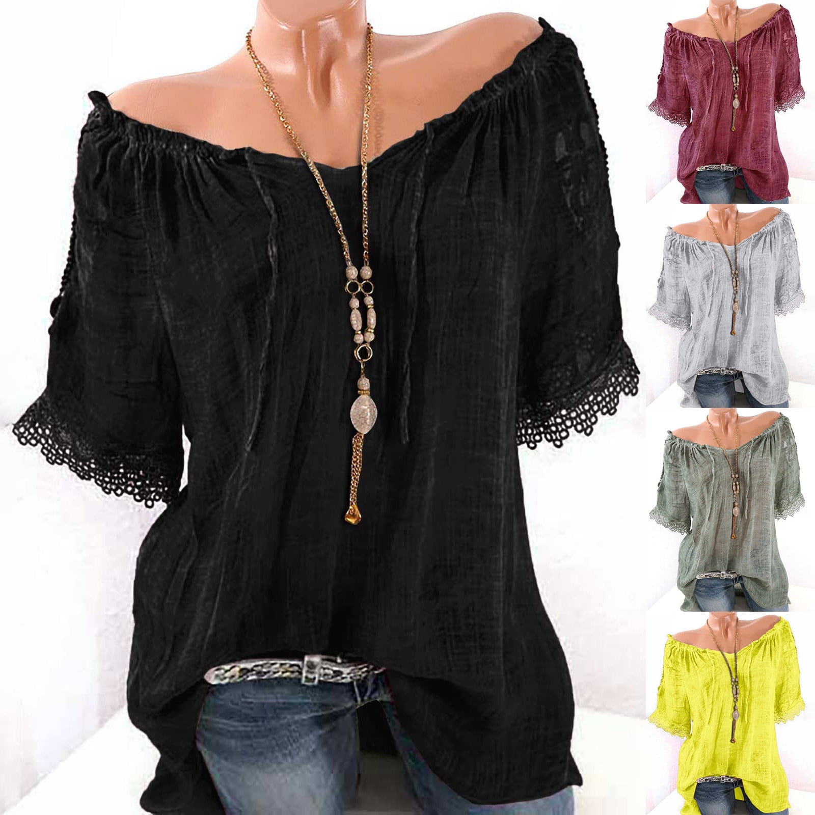 Fesfesfes Exercise Clothes for Women Plus Casual Cold Off Shoulder Lace ...