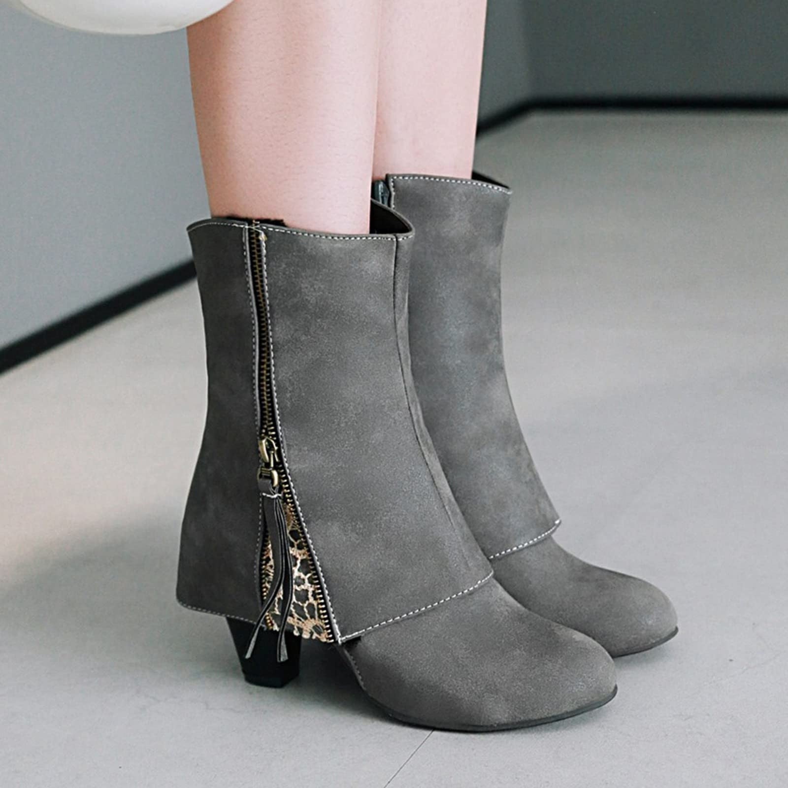 Fesfesfes Fall Boots Women Lace Splicing Solid Short Boots Round Head ...