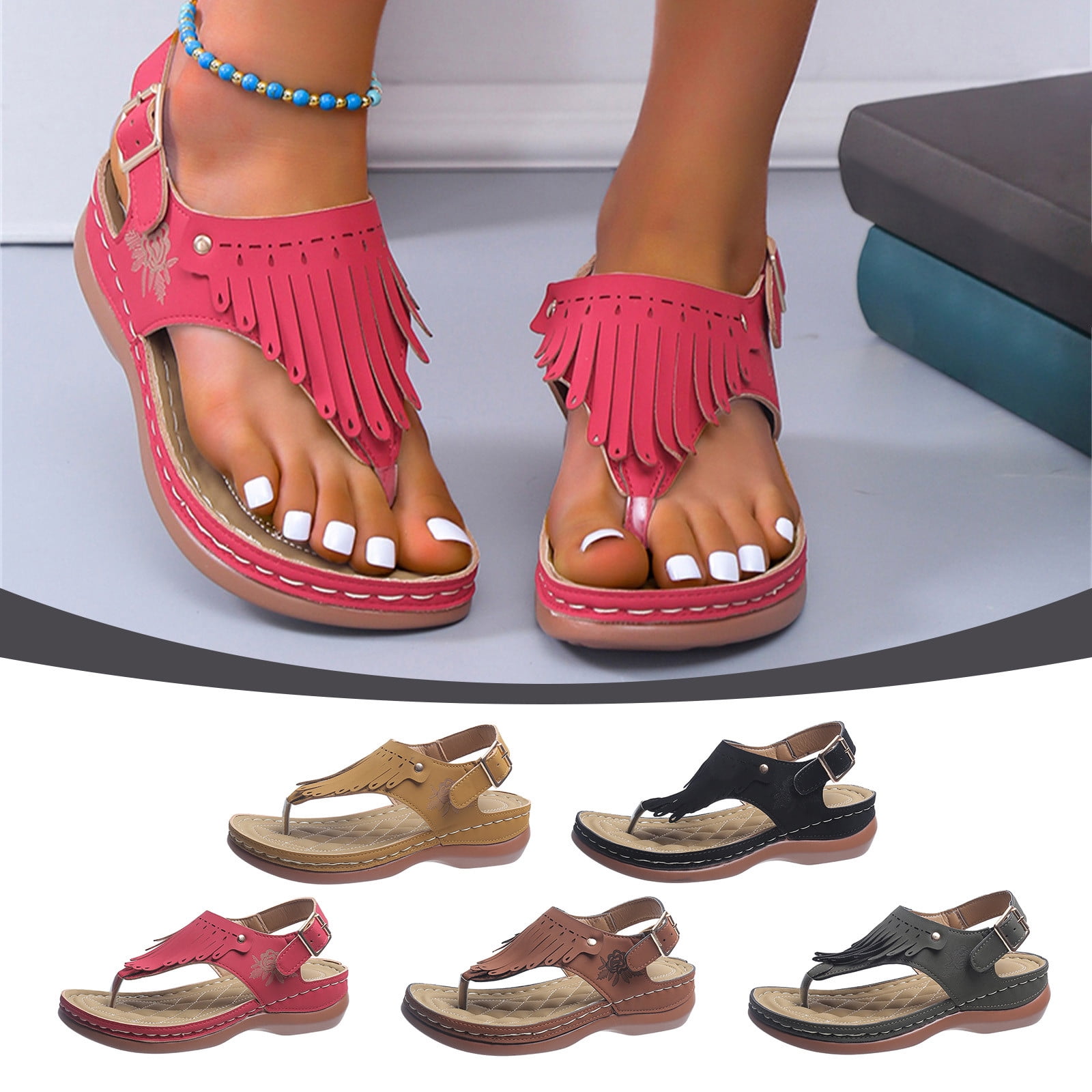 Fesfesfes Flip Flop Women's Round Toe Hollow Tassel Wedge Sandals Solid ...