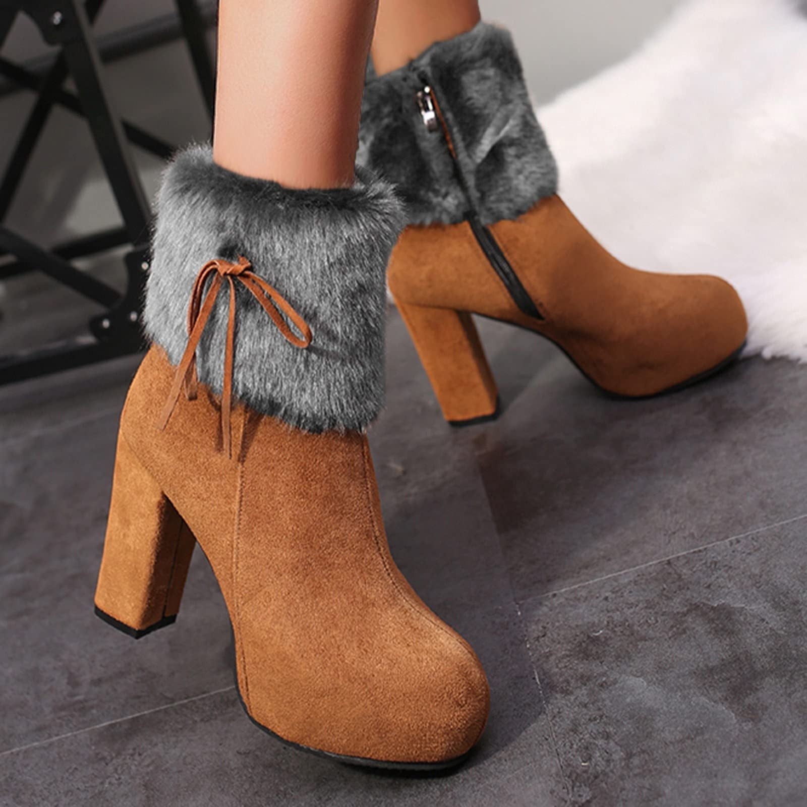 Fesfesfes Fuzzy Boots Women Warm Solid Retro Zipper High Heel Round Toe ...
