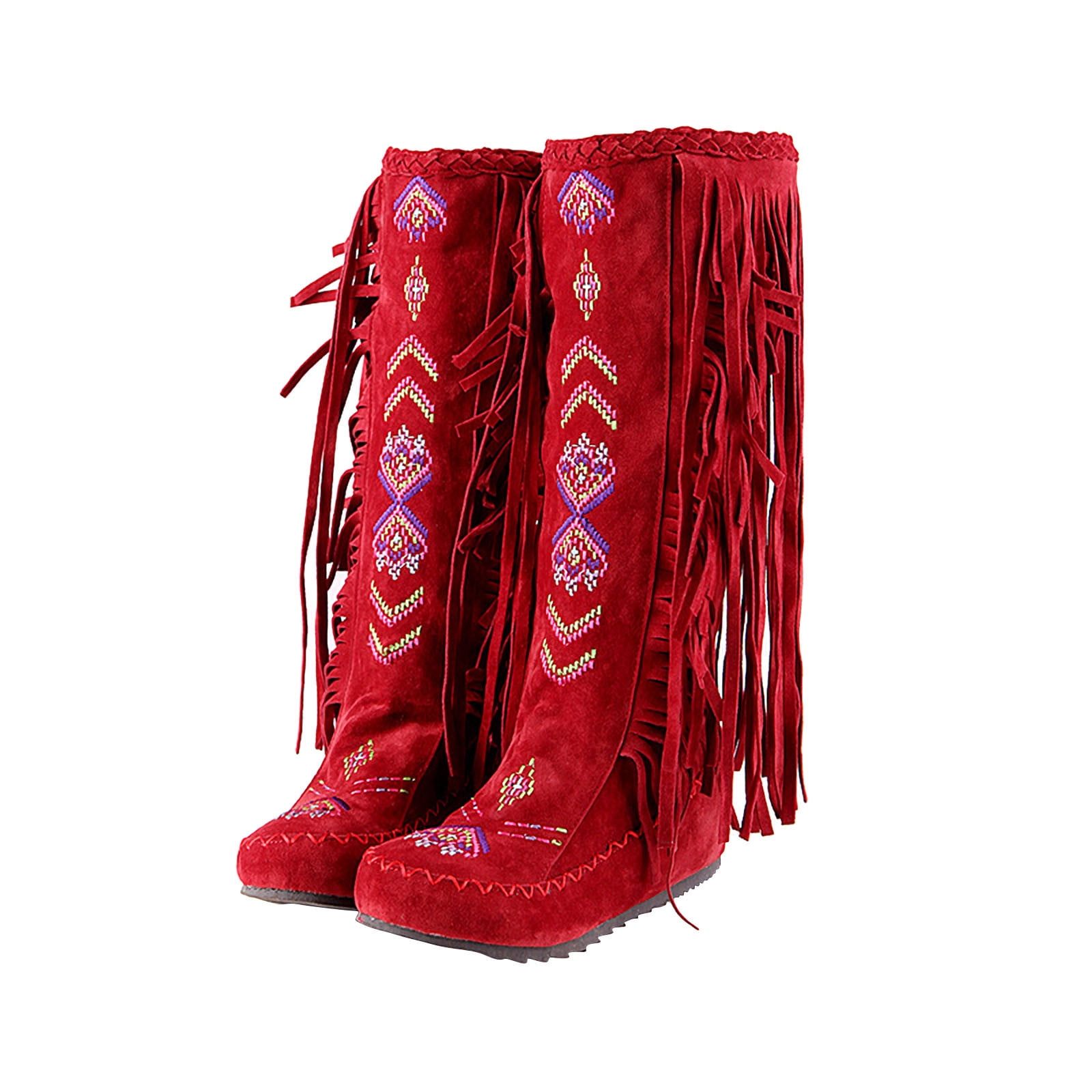 Fesfesfes Fuzzy Boots for Women Plus Size Ethnic Style Retro Tassel ...