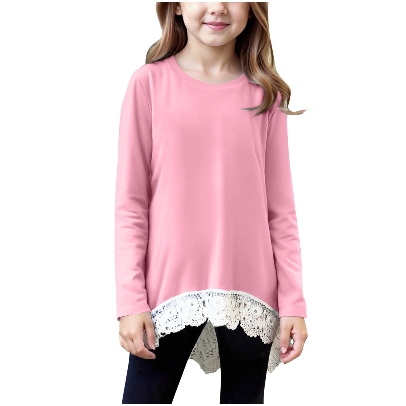 Fesfesfes Girls Long Sleeve Round Neck Casual Top with Lace Hem Detail ...