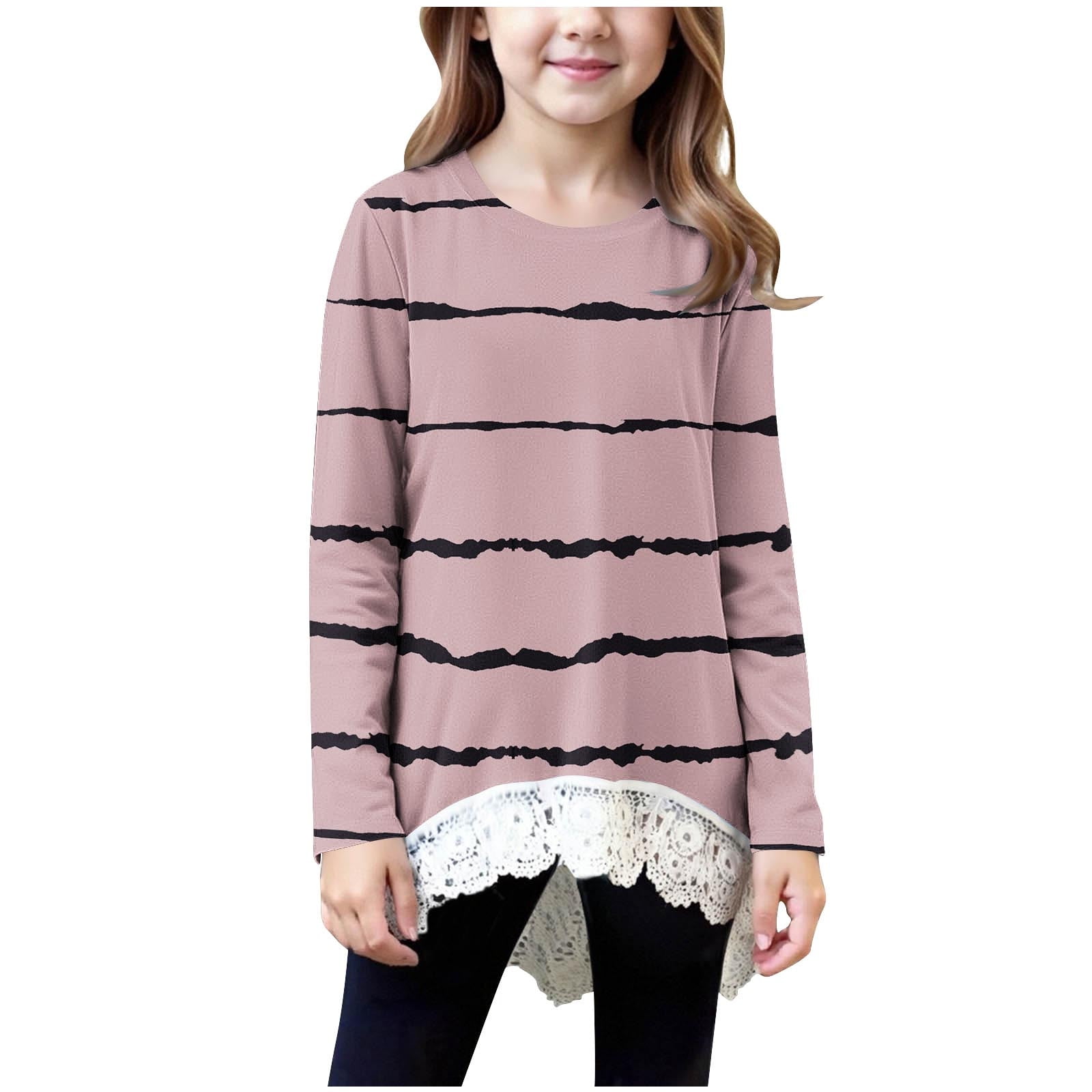 Fesfesfes Girls Long Sleeve Round Neck Casual Top with Lace Trim and ...