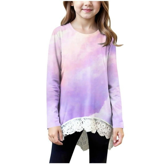 Fesfesfes Girls Long Sleeve Round Neck Casual Top with Lace Trim and ...