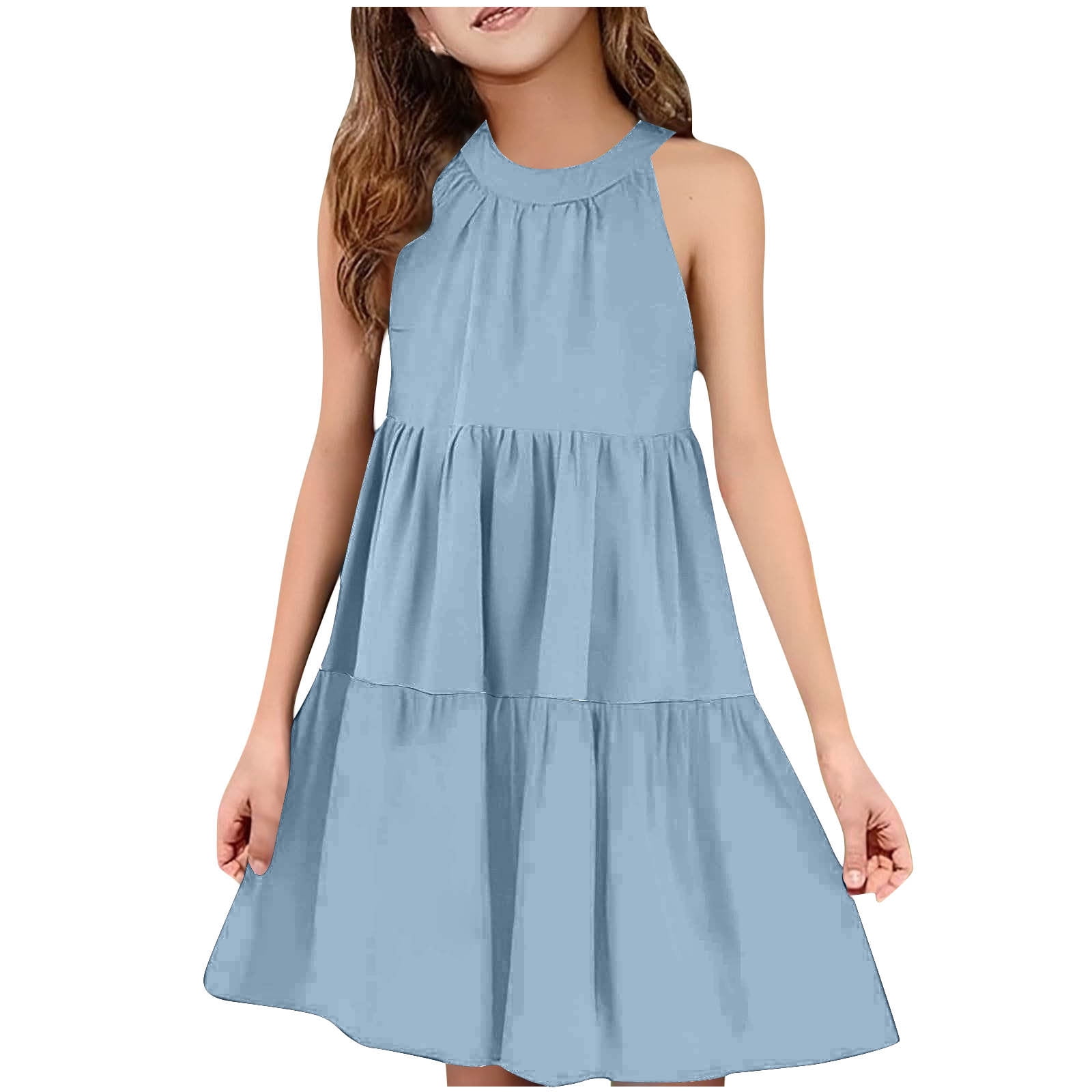 Fesfesfes Girls Patchwork Tiered Dress Sleeveless Round Neck Color ...