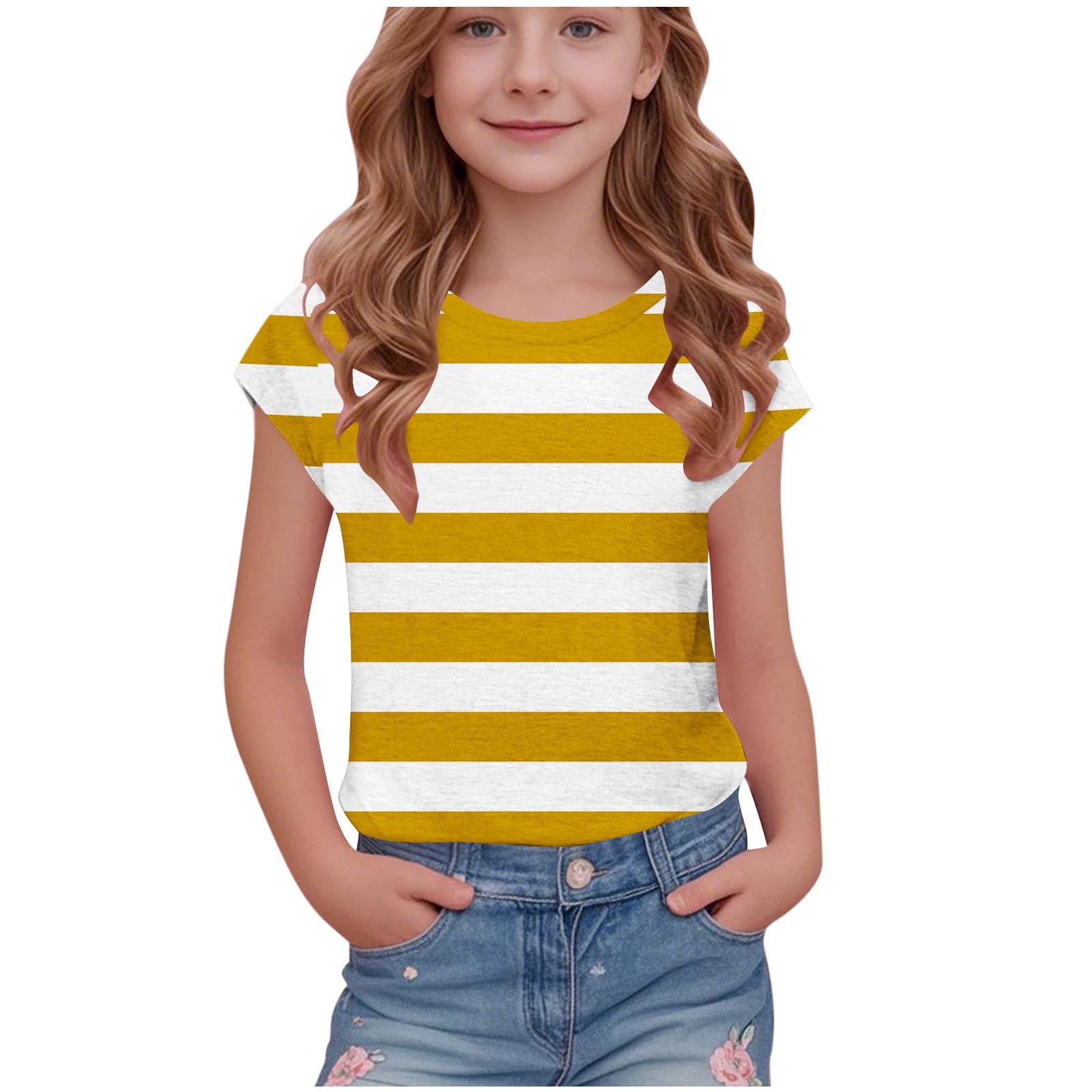 Fesfesfes Girls Printed Short Sleeve Blouse Round Neck Casual Top ...