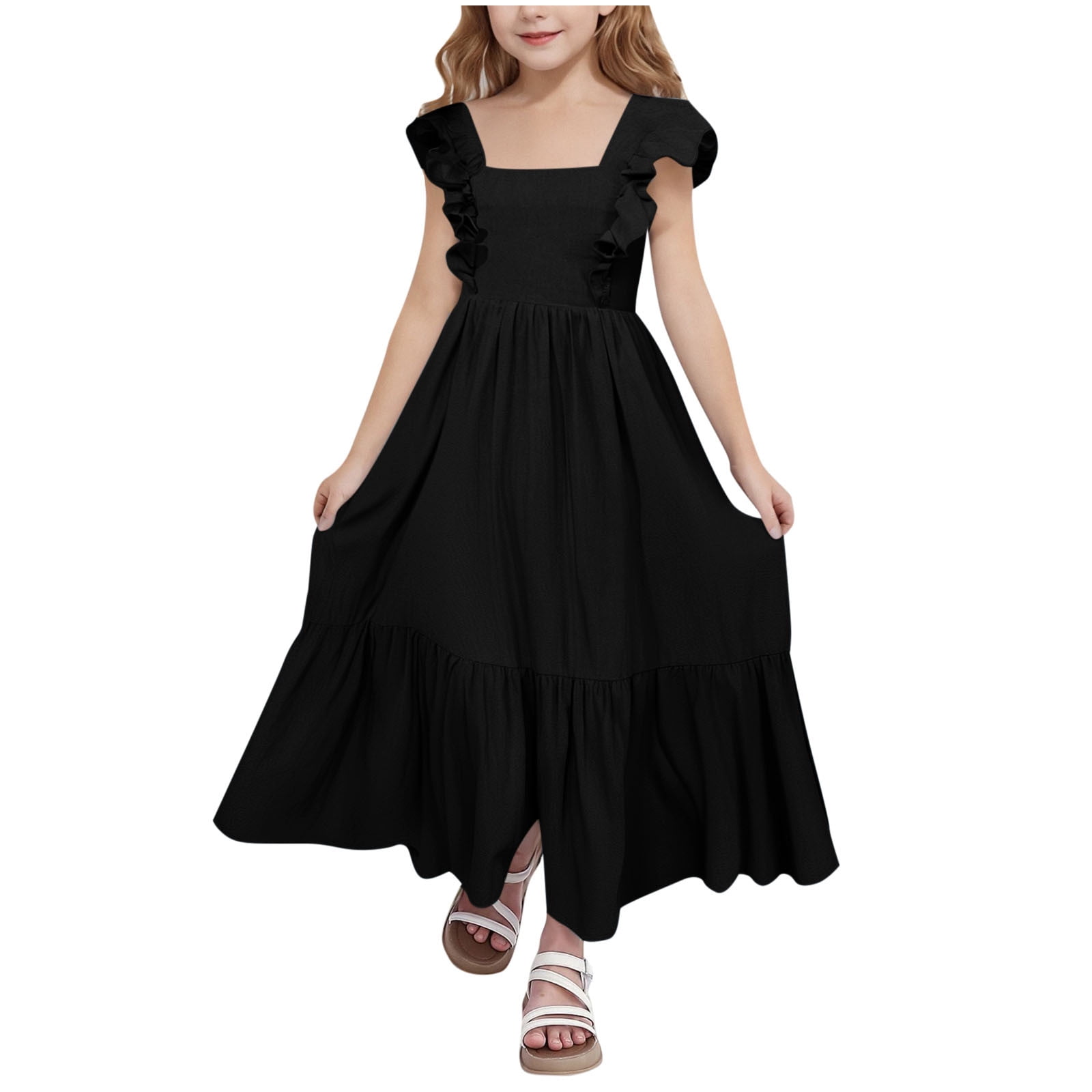Fesfesfes Girls Solid Color Lace Backless Spaghetti Strap Bow Dress for ...