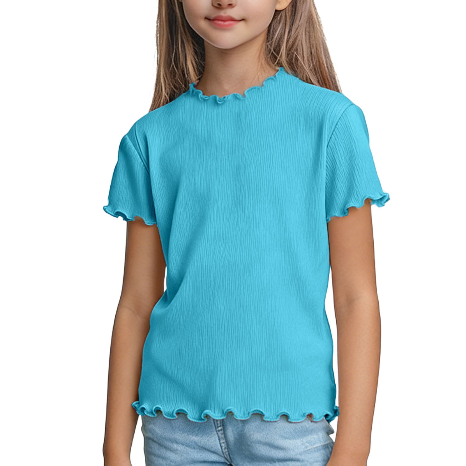 Fesfesfes Girls Solid Color Short Sleeve T Shirt Breathable Round Neck ...