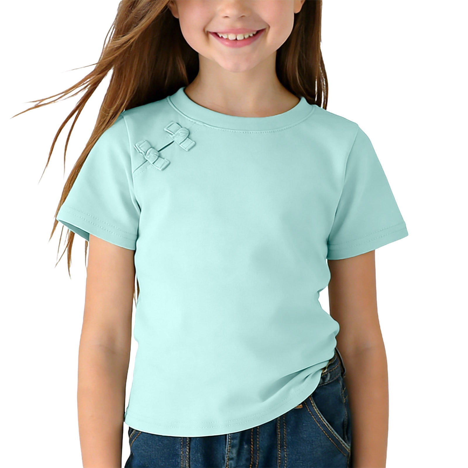 Fesfesfes Girls Solid Color Short Sleeve T Shirt Breathable Round Neck ...