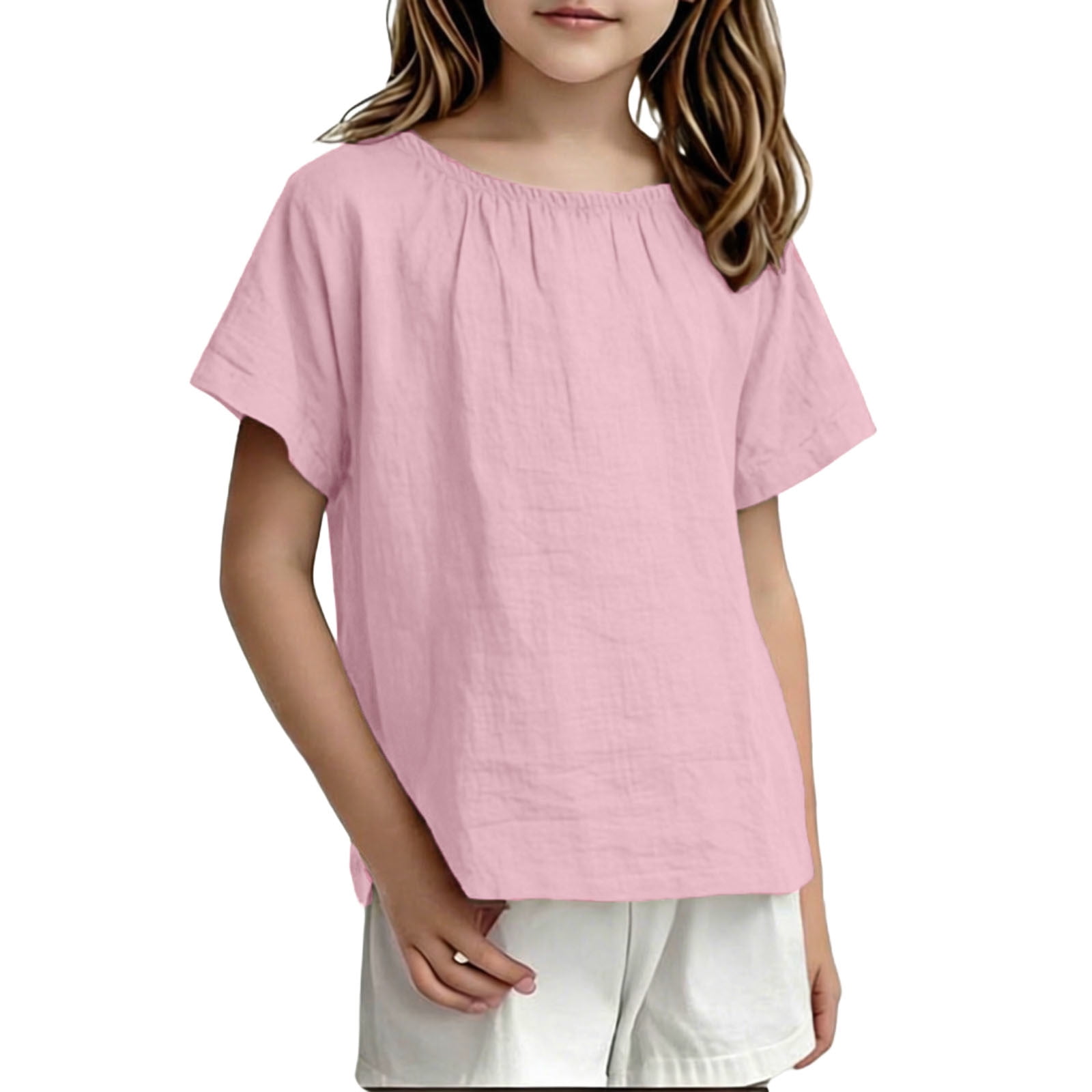 Fesfesfes Girls Solid Color Short Sleeve T Shirt Breathable Round Neck ...