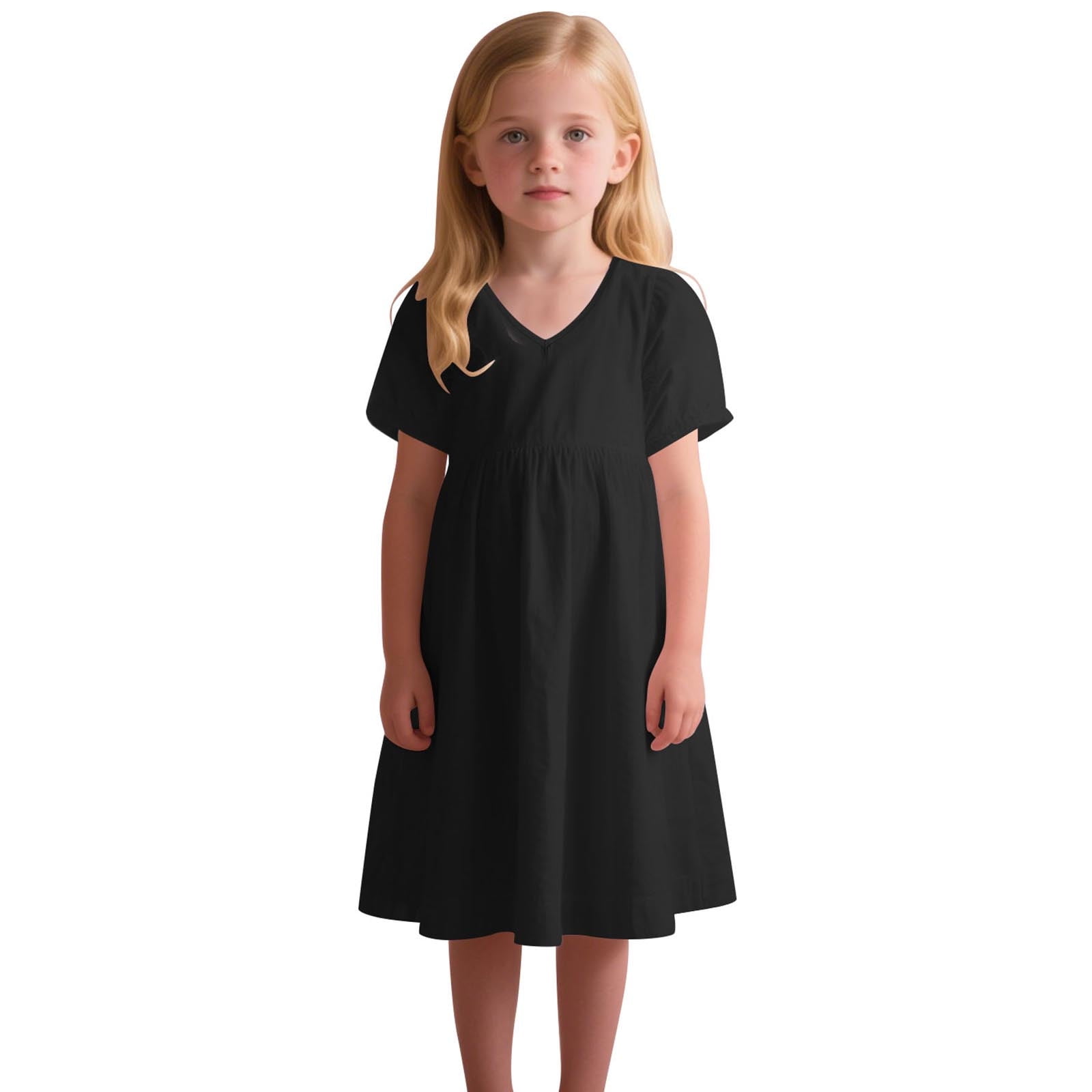 Fesfesfes Girls Solid Color V Neck Short Sleeve Casual Dress for Big Kids and Tweens Comfortable ...