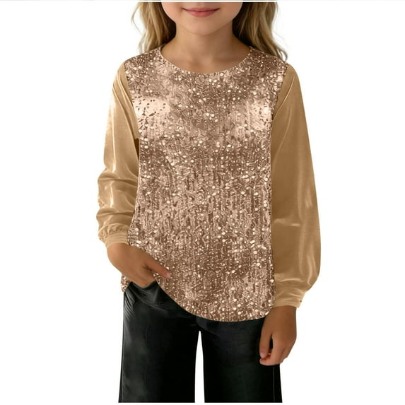 Fesfesfes Girls Velvet Sequin Long Sleeve Top Blouse Casual Round Neck ...