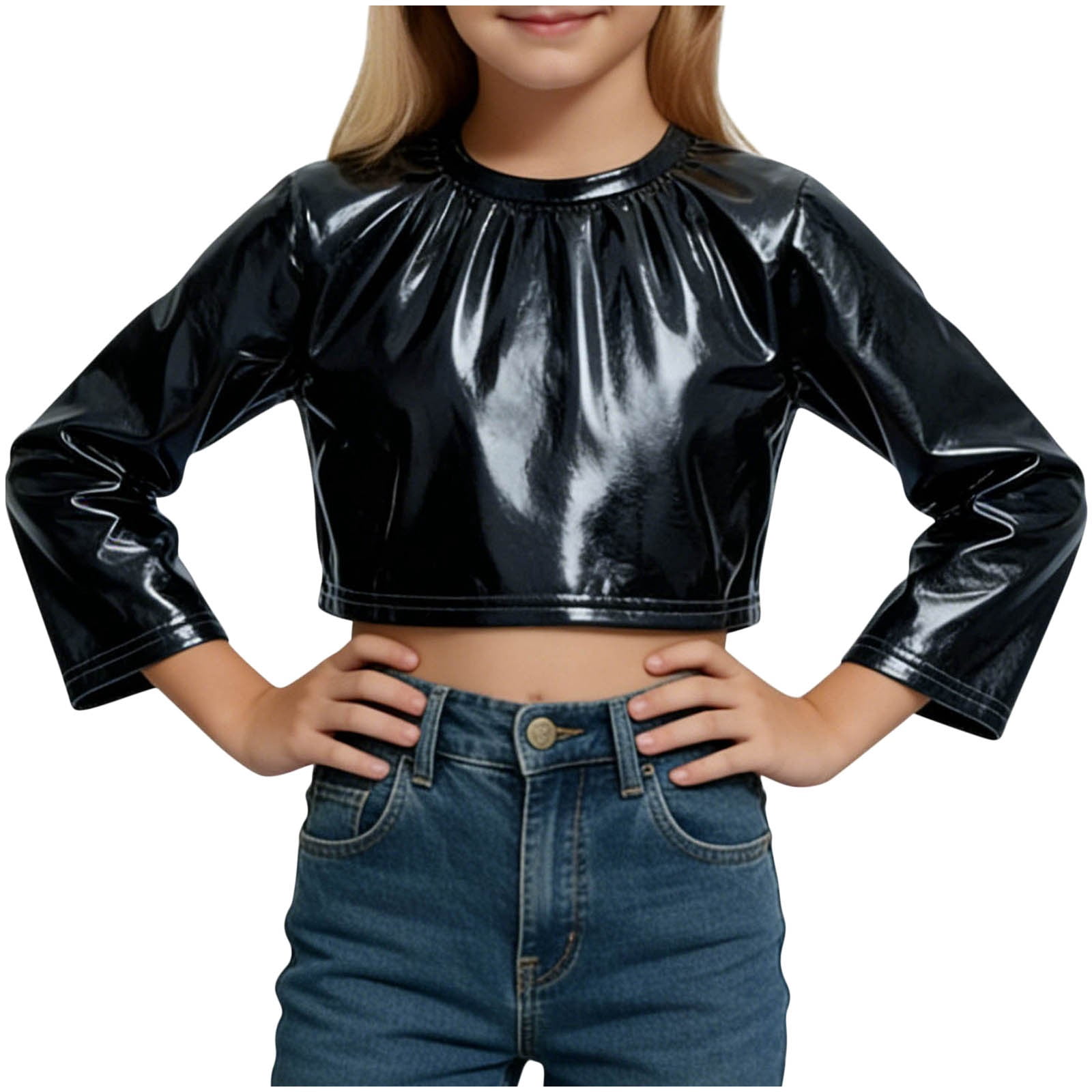 Fesfesfes Kids Glossy Metallic Long Sleeve Round Neck Performance Top ...