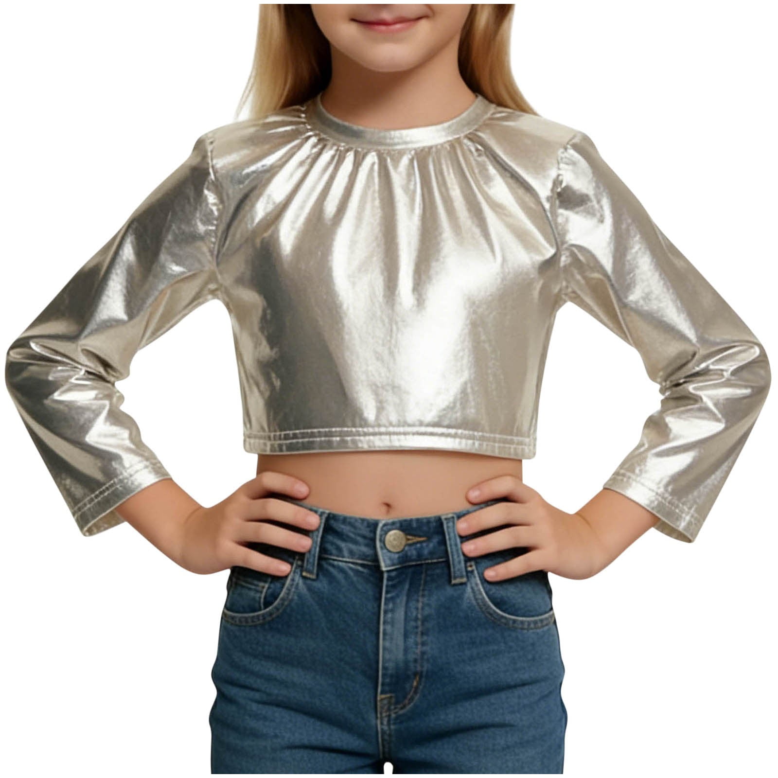 Fesfesfes Kids Glossy Metallic Long Sleeve Round Neck Performance Top ...