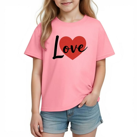 Fesfesfes Kids Valentine Heart Print Short Sleeve Cotton Top Casual ...