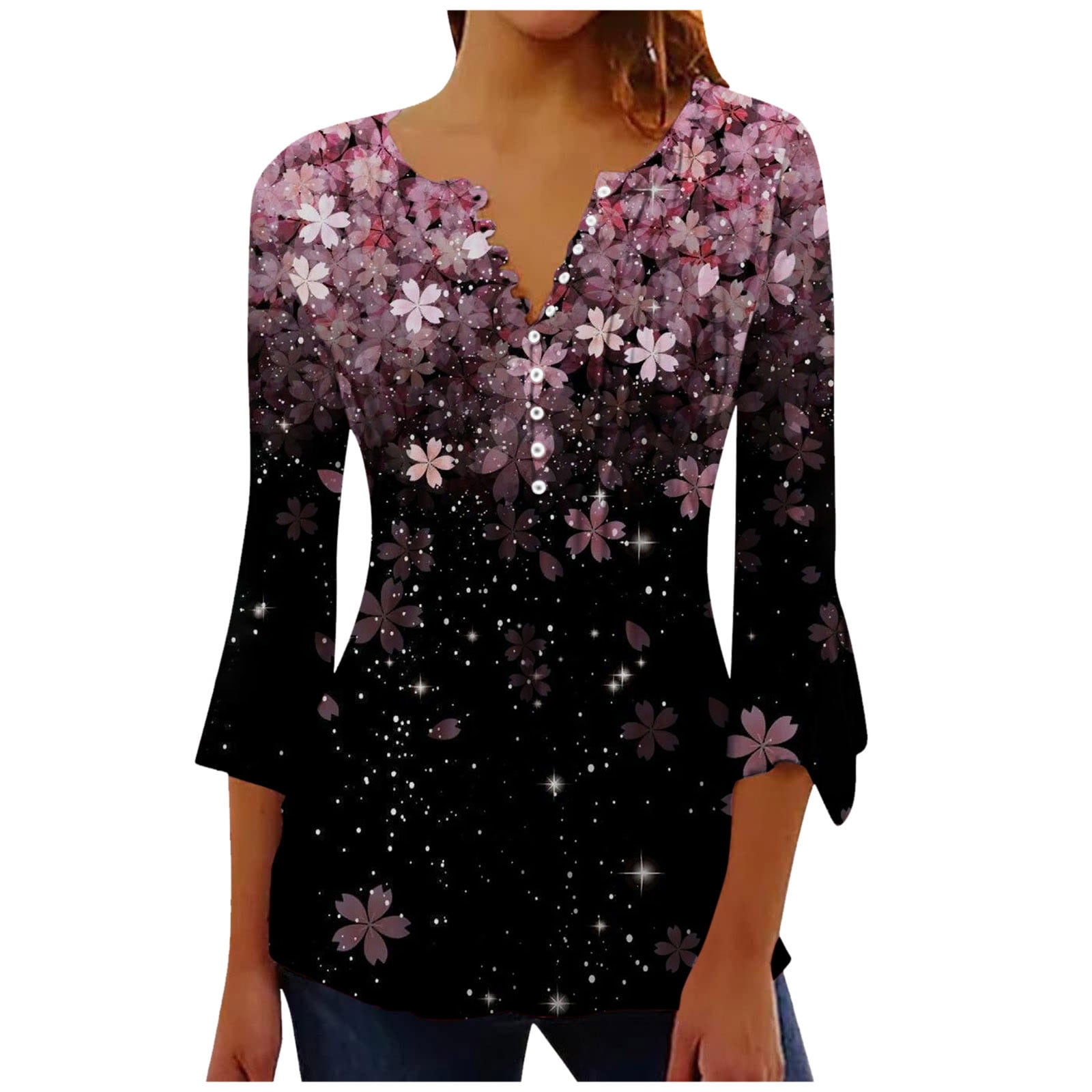 Fesfesfes Layering Shirts for Women's Casual Trumpet 3/4 Sleeve Printed ...