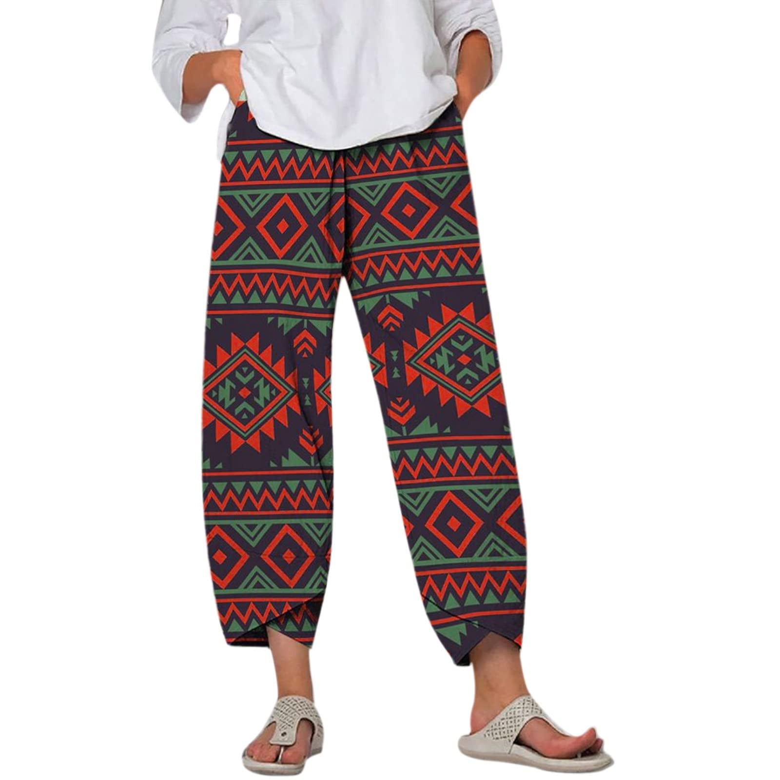 Fesfesfes Linen Pants for Women Floral Print Elastic Band Pants Loose ...