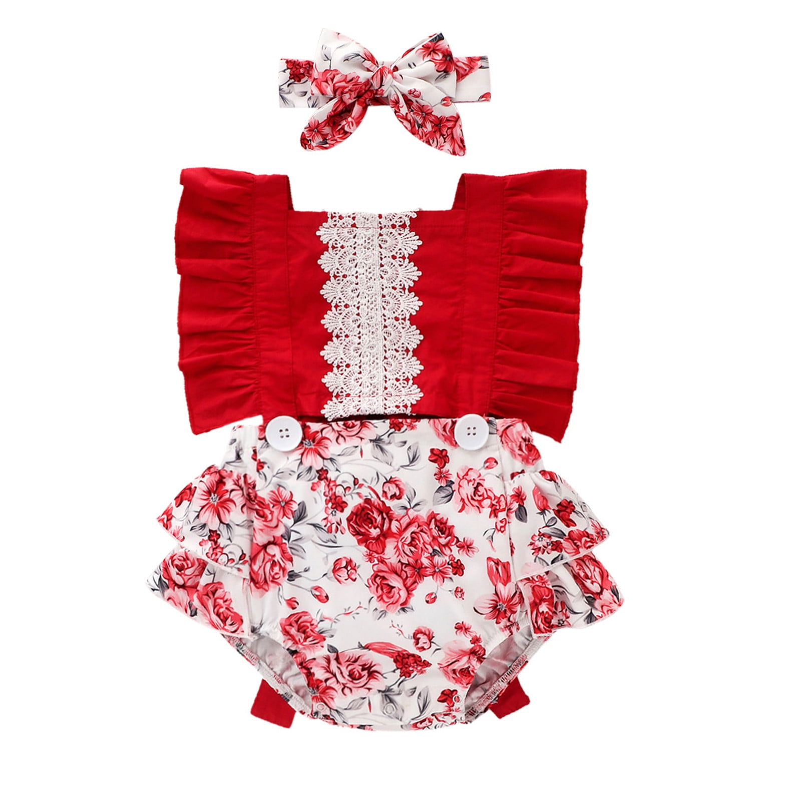 Fesfesfes Newborn Infant Onesie Baby Girls Ruffle Lace Flower Print Romper Sleeveless Bodysuit ...