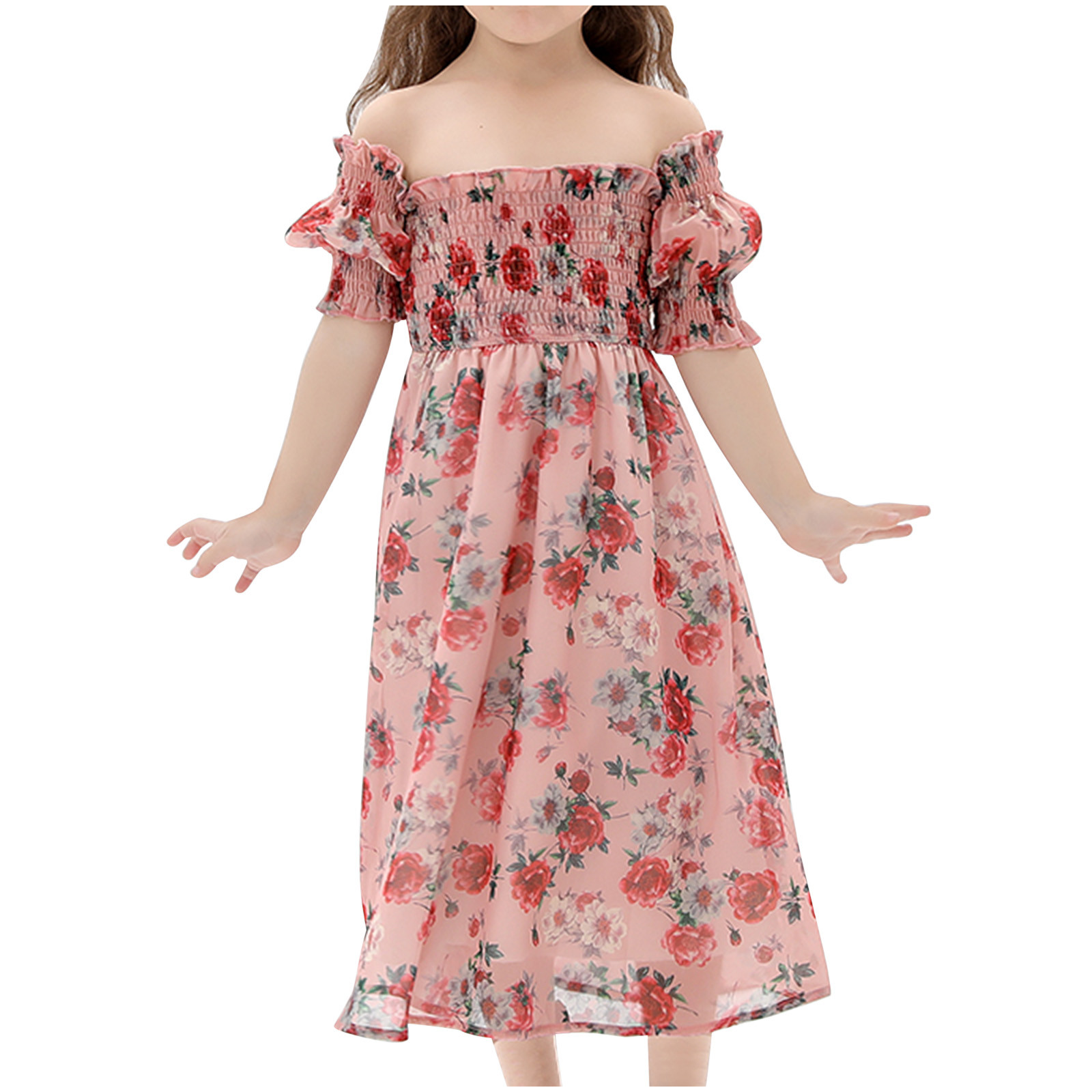 Fesfesfes Parent-child Spring Boho Dress Off-the-Shoulder Flower Print ...