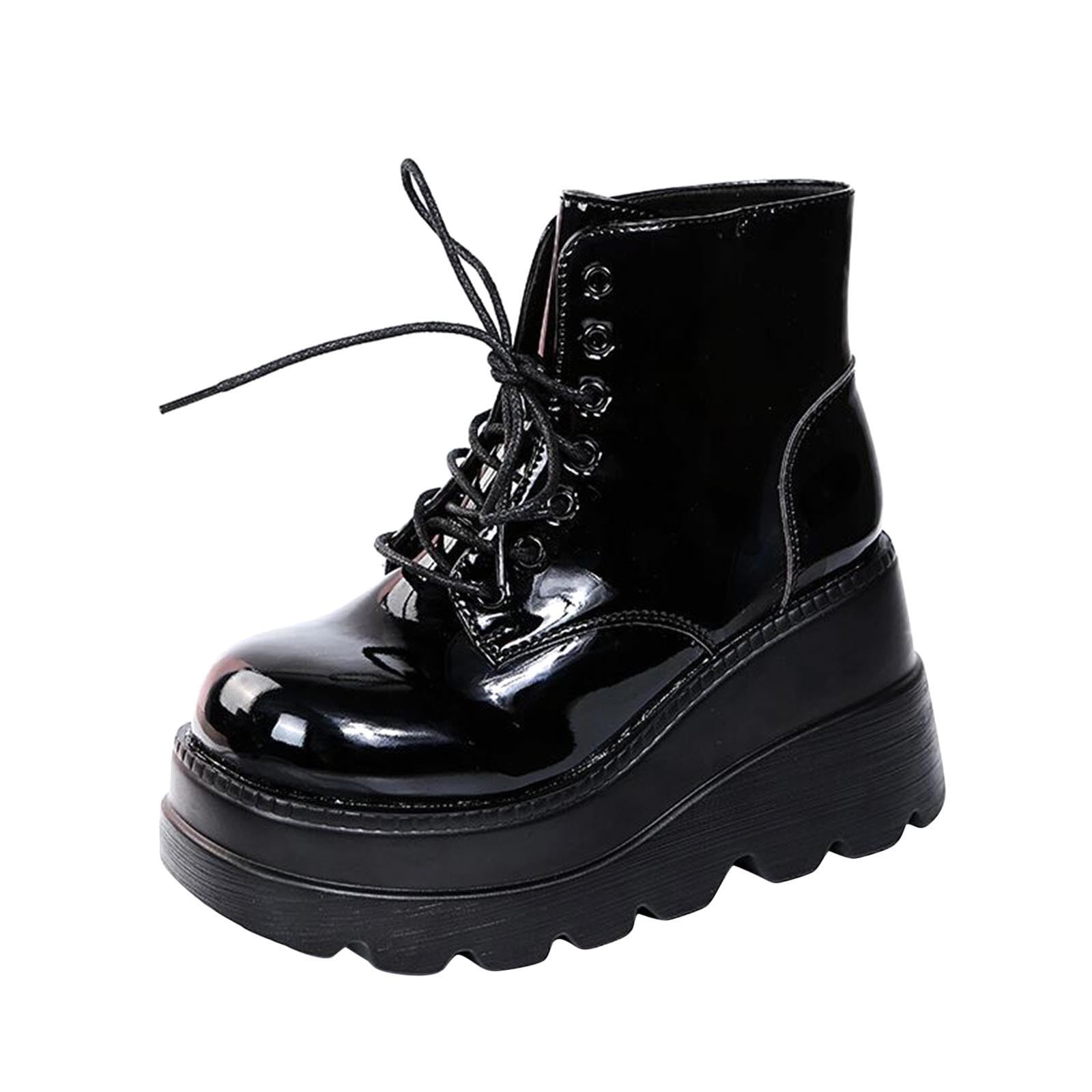 Fesfesfes Platform Boots for Young Ladies Women Retro Flat Platform ...
