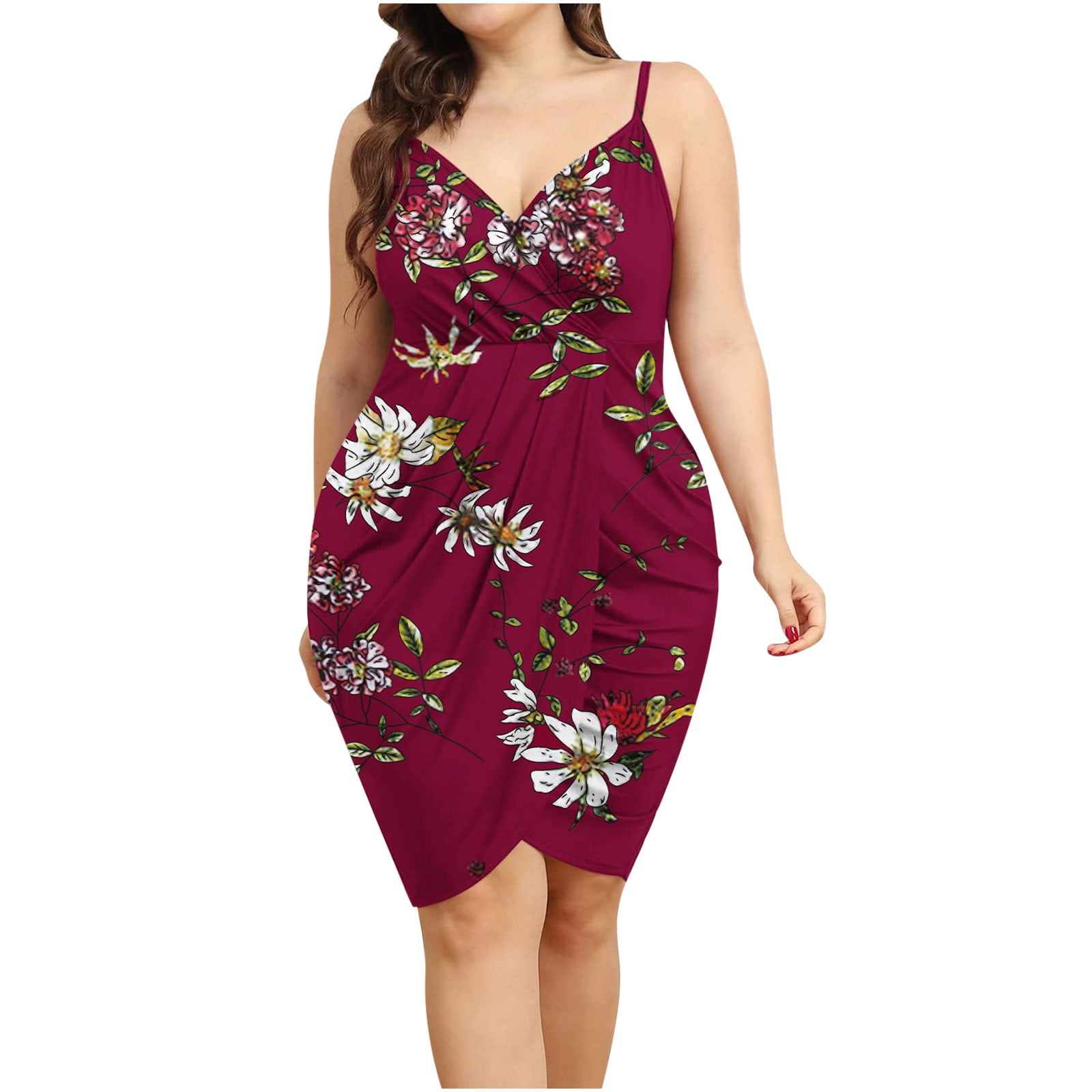 Fesfesfes Plus Size Dress for Women Deep V-Neck Boho Spring Mini Dress ...