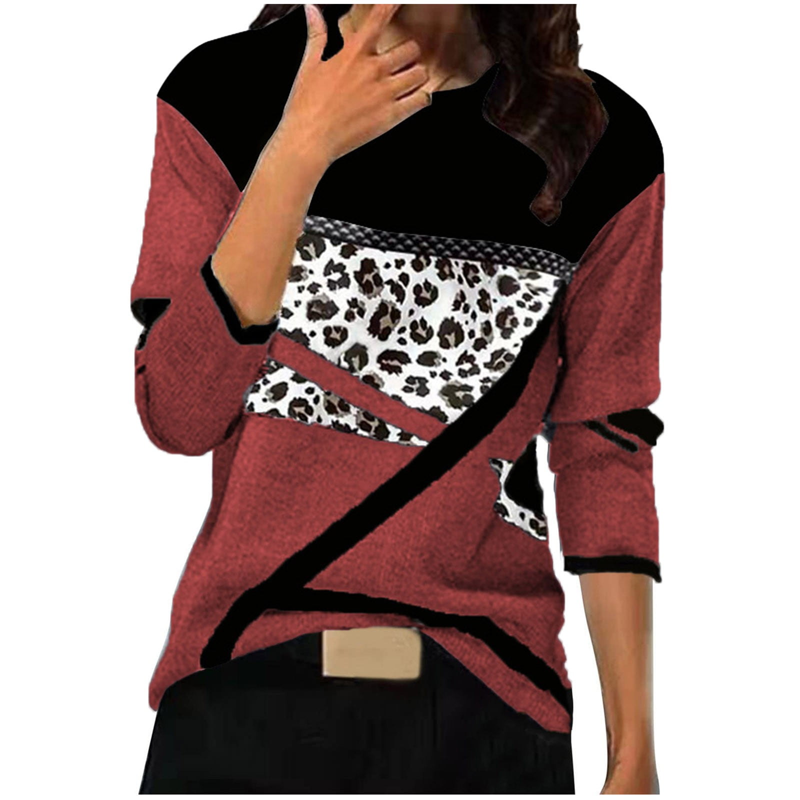 Fesfesfes Plus Size Tops Women Leopard Print Round Neck Patchwork ...