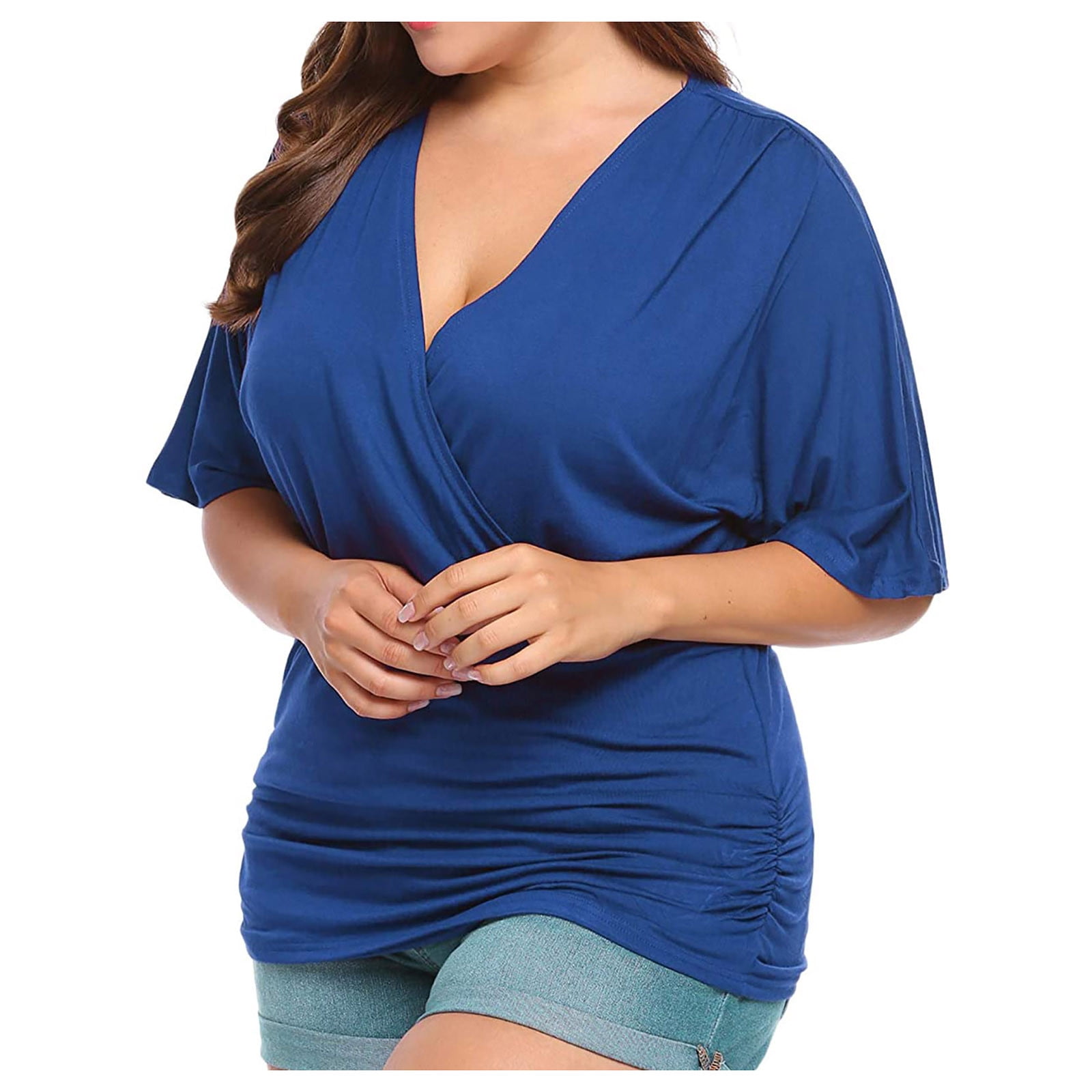 Fesfesfes Plus Size Tops for Women V-Neck Wrap Short Sleeve Tops Loose ...
