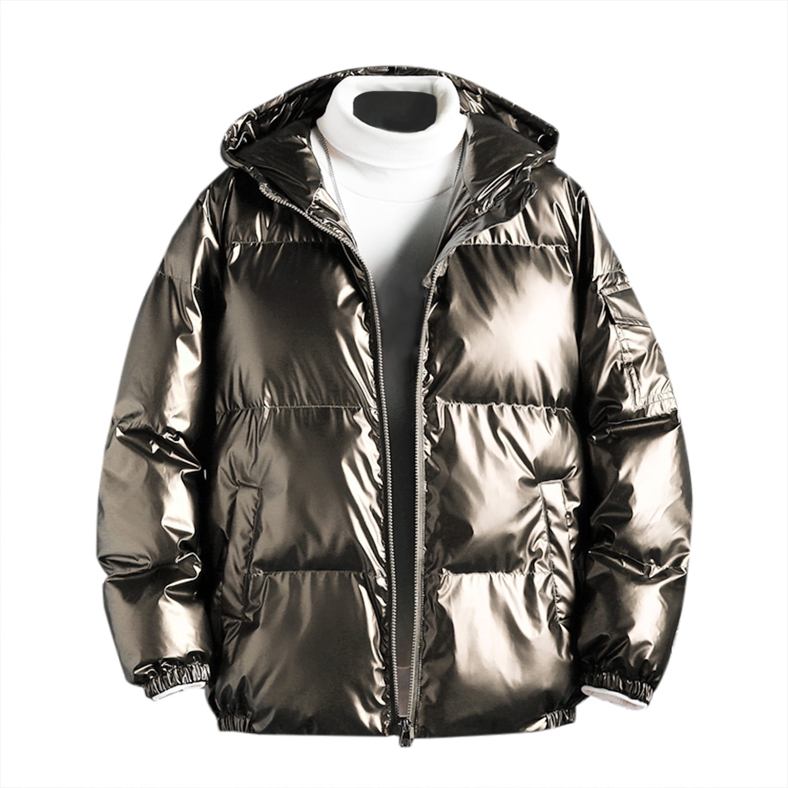 Fesfesfes Shiny Puffer Jacket for Men Causal Hooded Coat Reflective ...