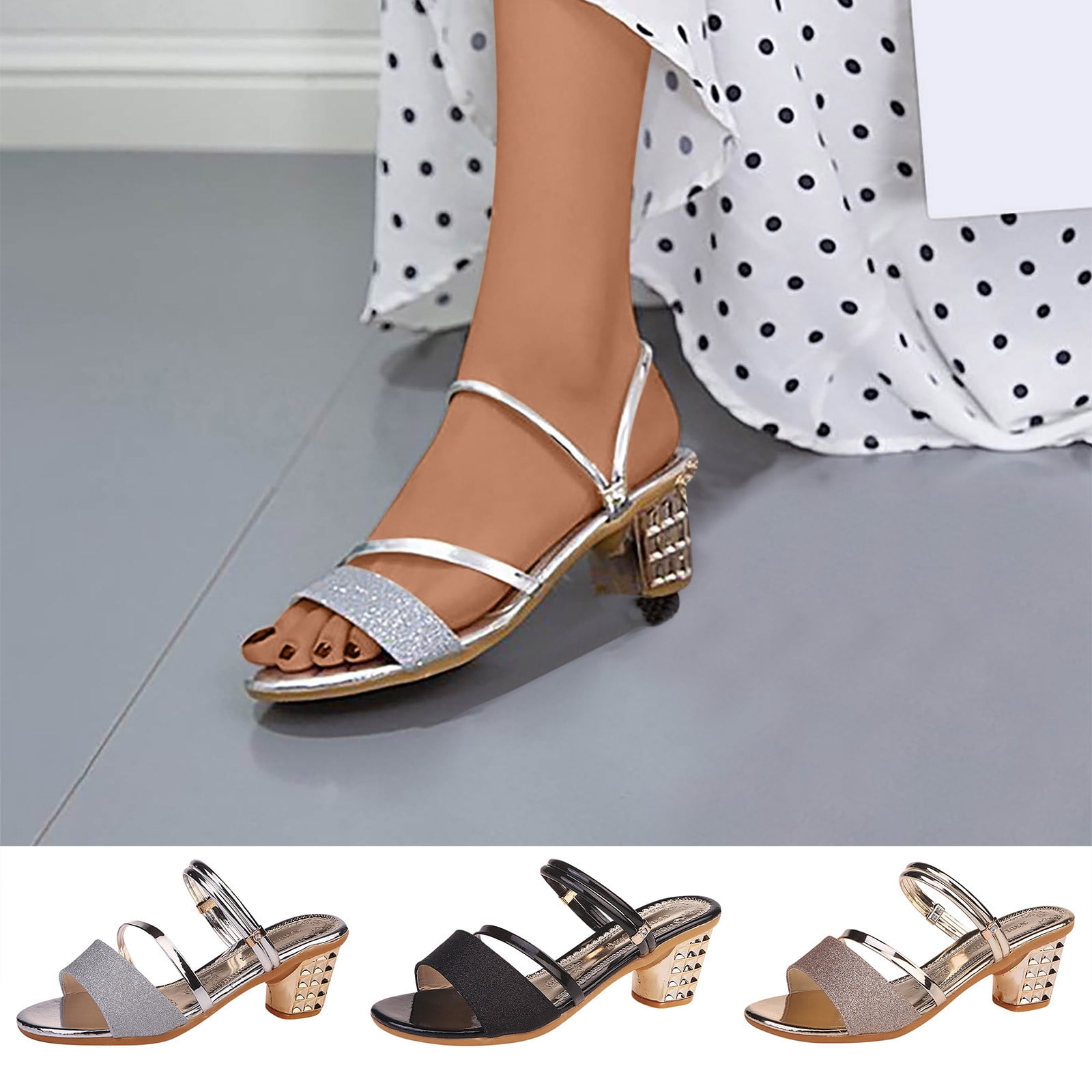 Fesfesfes Slides Women's Sandals Dress Shoes Sandals Summer Block Heel ...