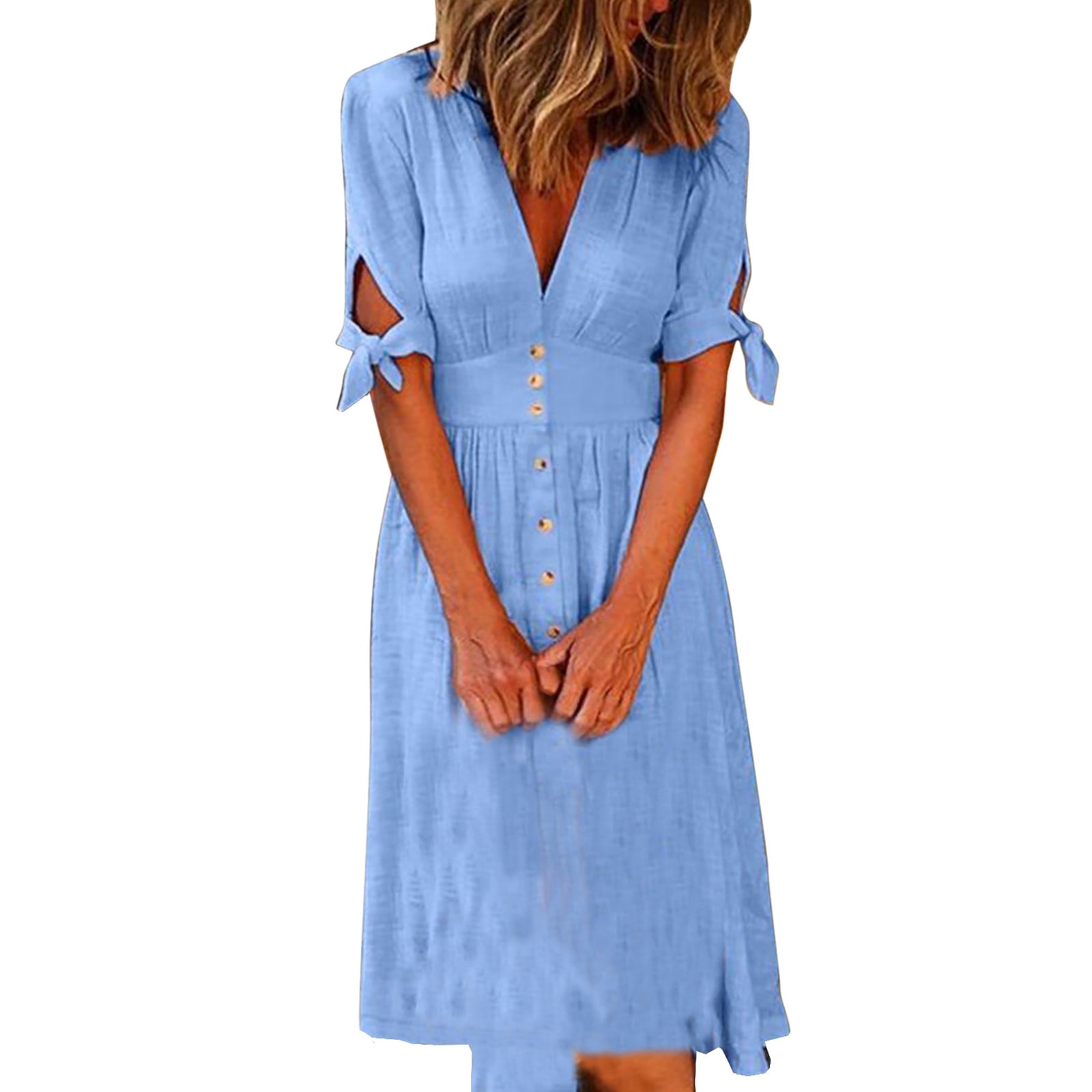 Fesfesfes Spring Dresses for Women V-neck Solid Color Short Sleeve Boho ...