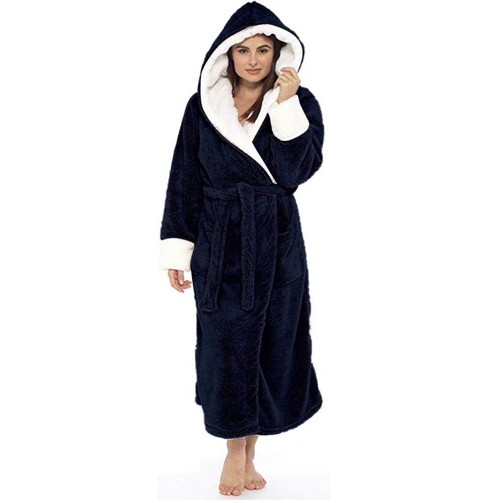 Fesfesfes Unisex Winter Hooded Robe Long Sleeve Bathrobe Cozy Flannel ...