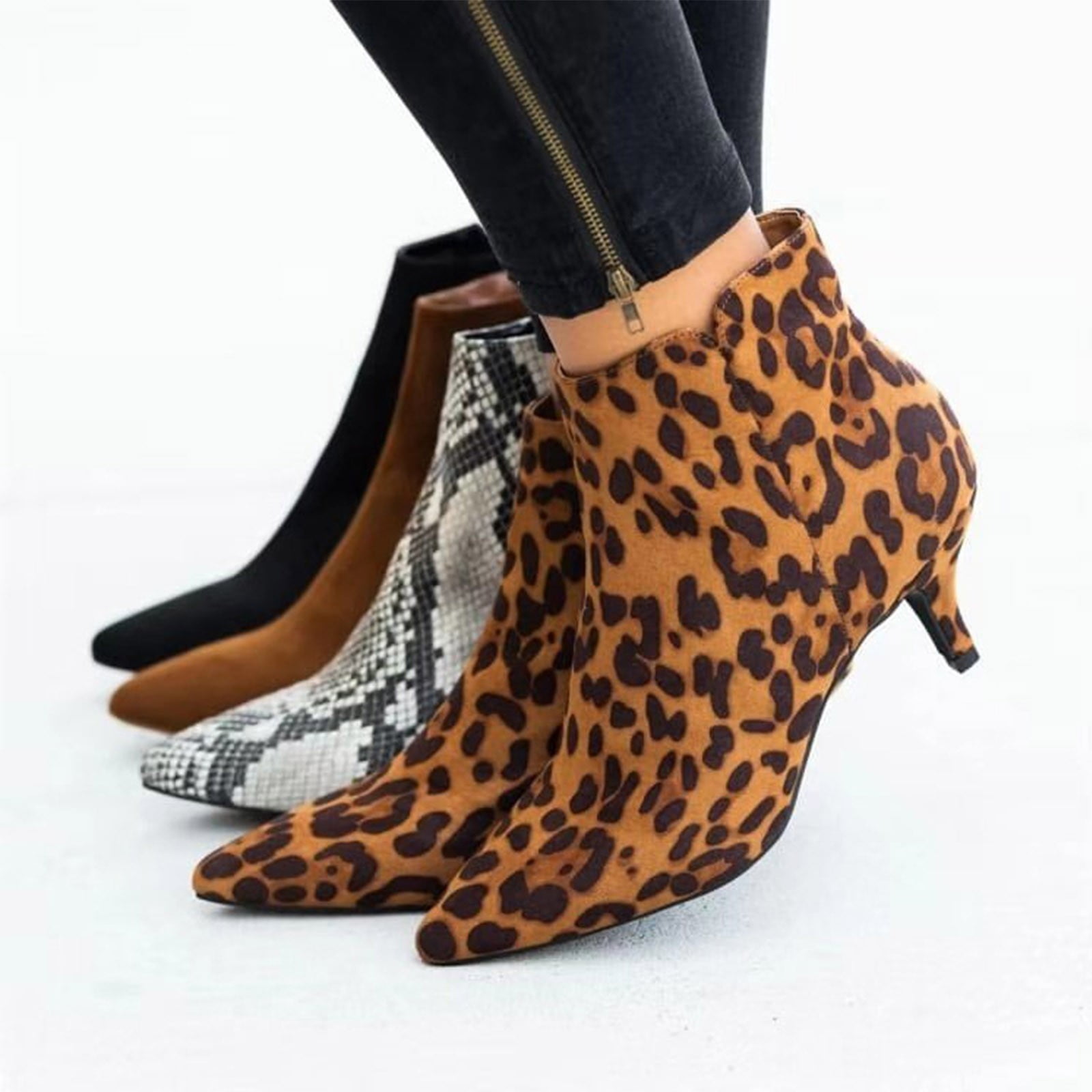 Fesfesfes Western Boots Women Shoes Leopard Snake Print Fine Heels Mid ...