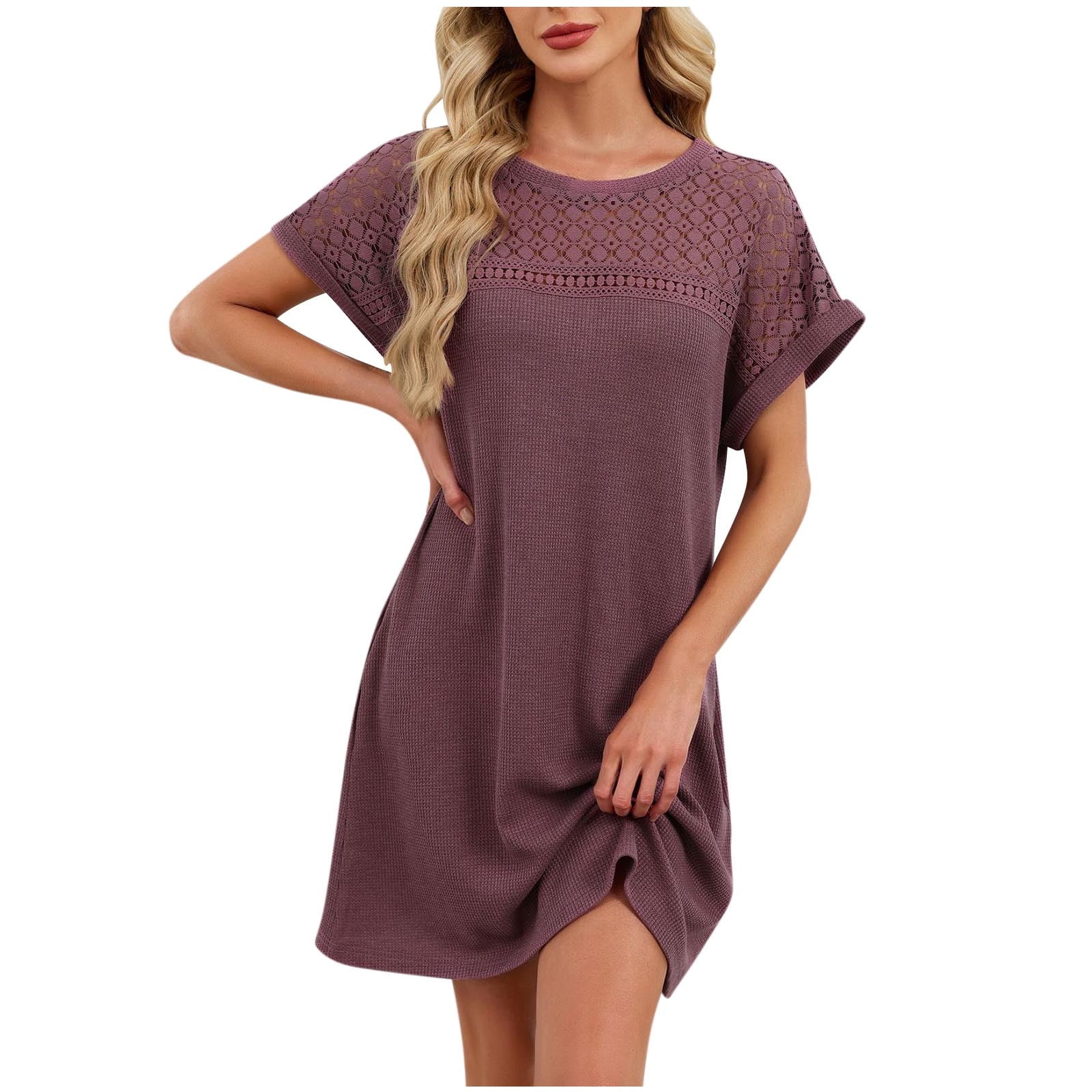 Fesfesfes Women Fashion Solid Color Round Neck Short Sleeve Sleepshirt ...