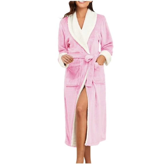 Fesfesfes Women Flannel Bathrobe Long Sleeve Robe with Pockets Belt ...