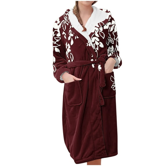Fesfesfes Women Flannel Hooded Robe Long Pajamas Home Wear Cozy Fleece ...