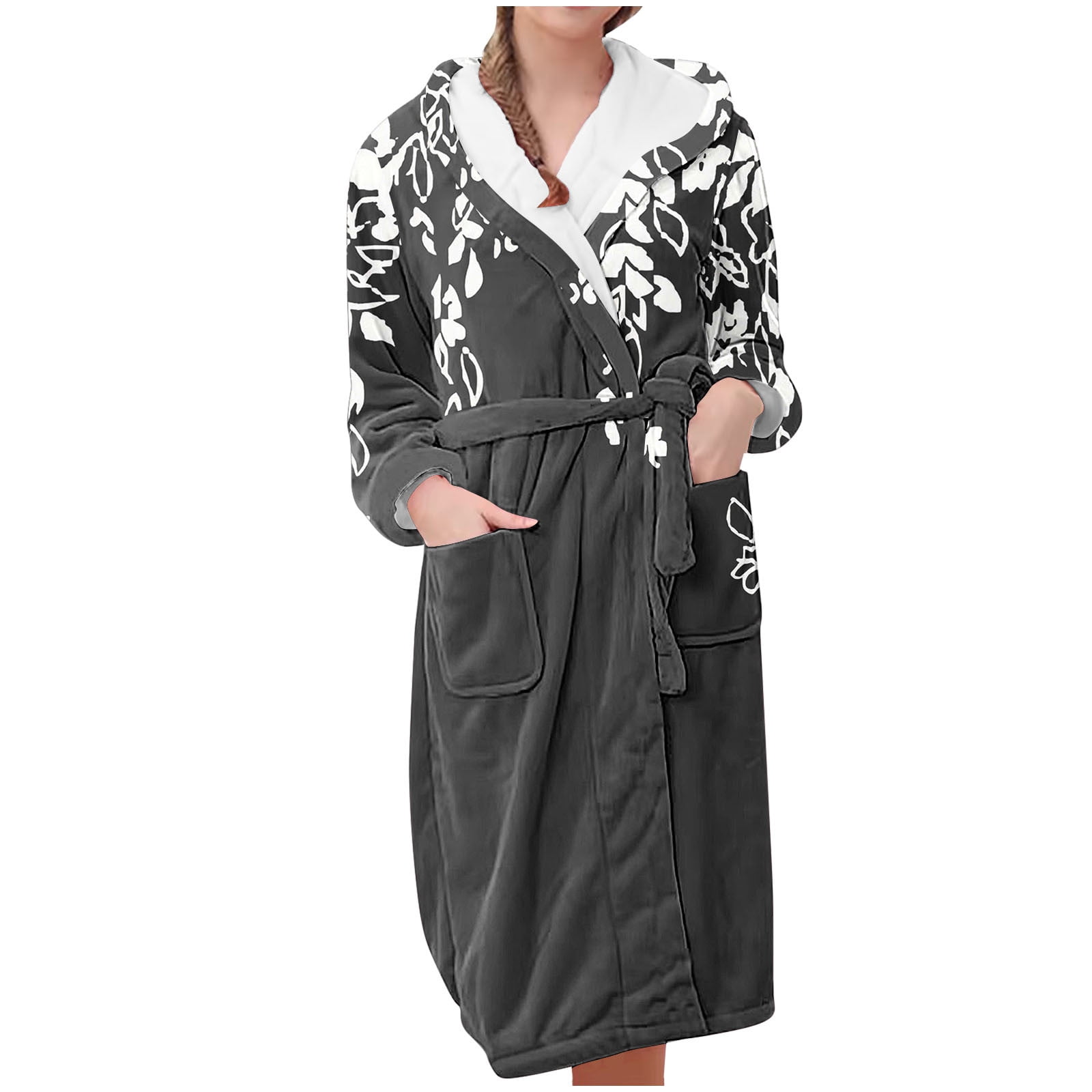 Fesfesfes Women Flannel Hooded Robe Long Pajamas Home Wear Cozy Fleece ...